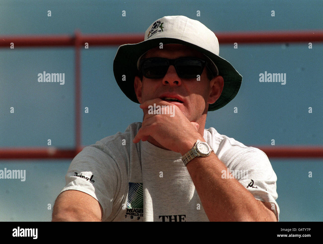 Scottish Rugby captain Gavin Hastings, sits out during a training ...