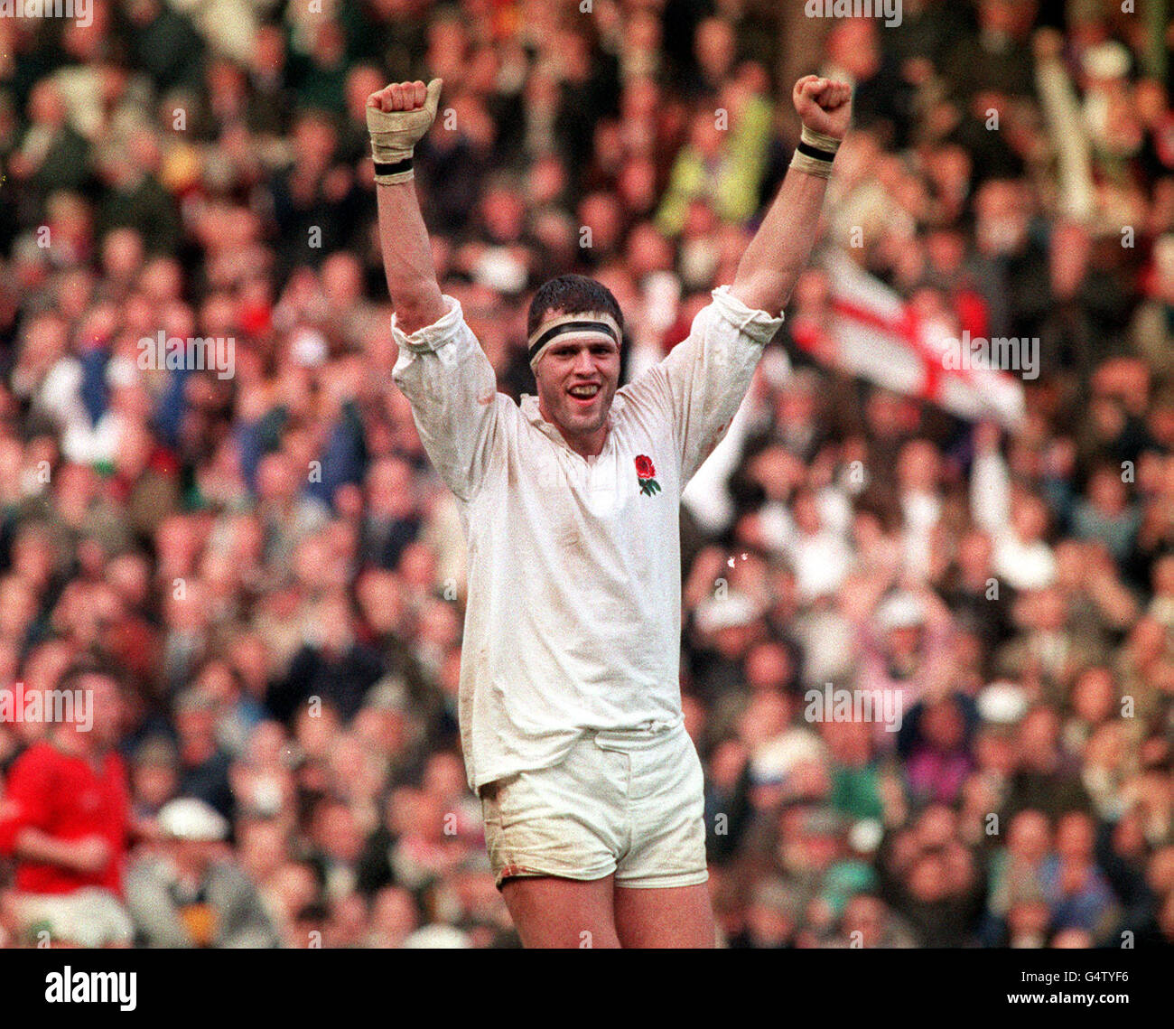 England second row Martin Bayfield celebrates after England beat Wales ...