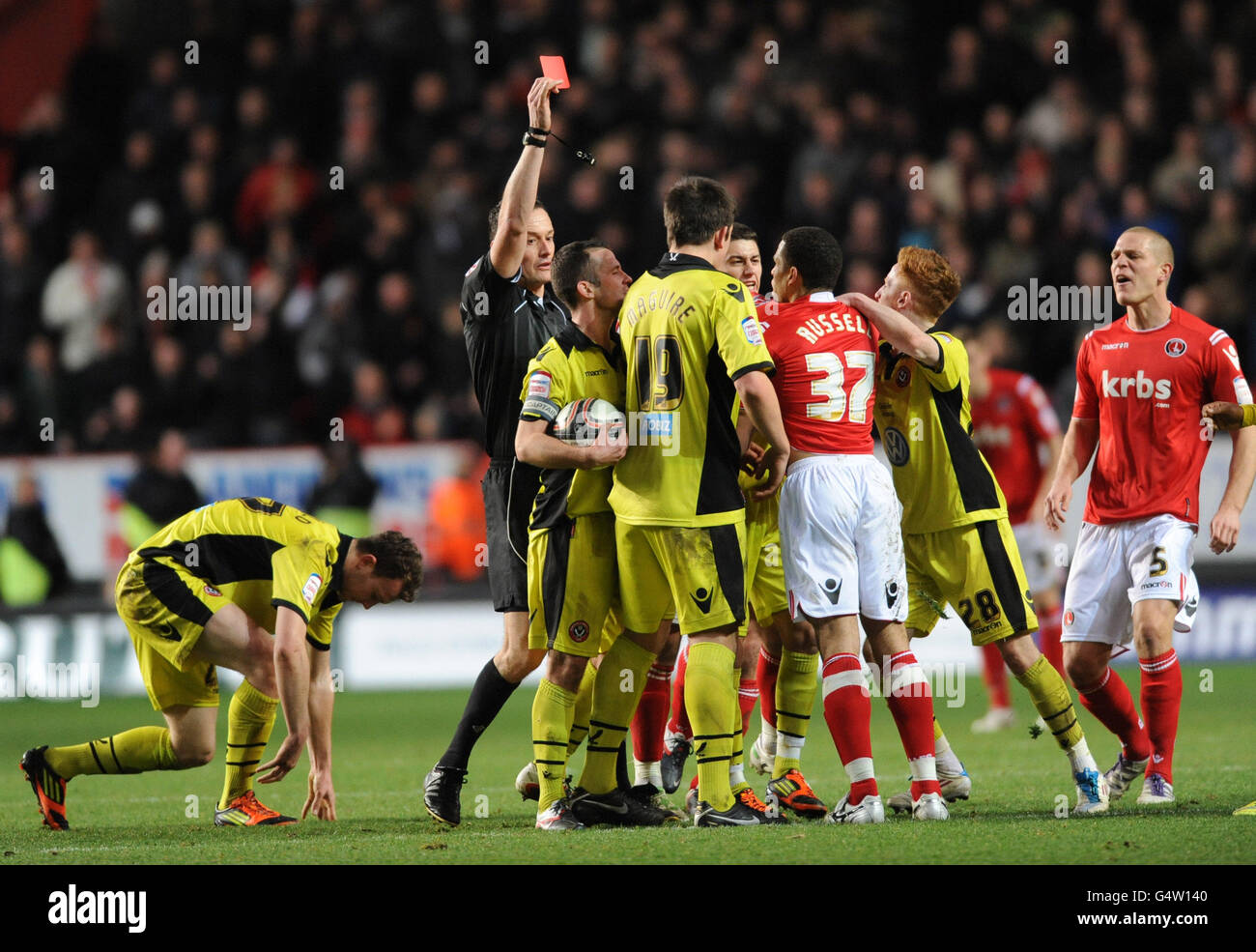 Charlton Athletic's substitute Darel Russell is sent off by referee ...