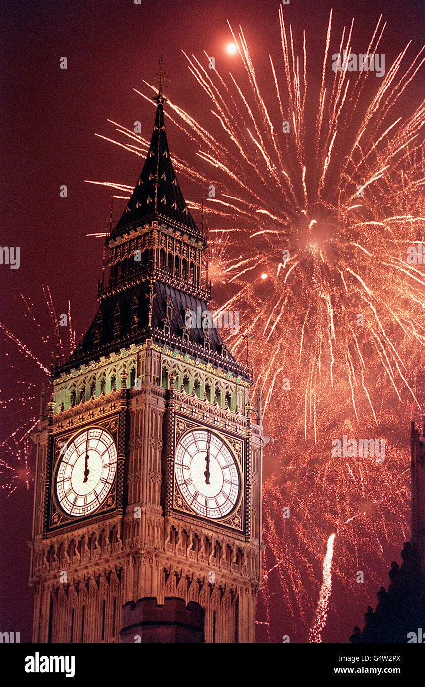 Fireworks explode over Big Ben, at the stroke of midnight, in London ...