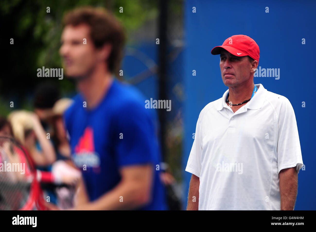 Great Britain's Andy Murray (left) and coach Ivan Lendl on the practice ...