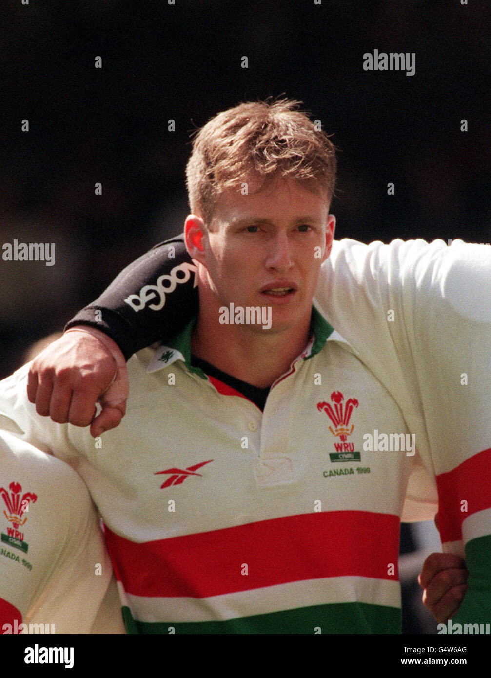 Arwel Thomas of Wales lines up, prior to the start of their rugby union ...