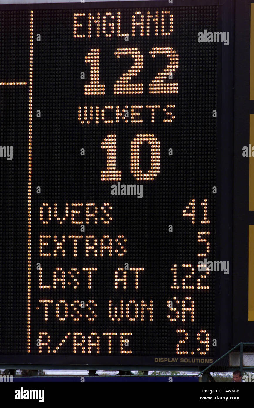 England's first innings total shown on the electronic scoreboard ...