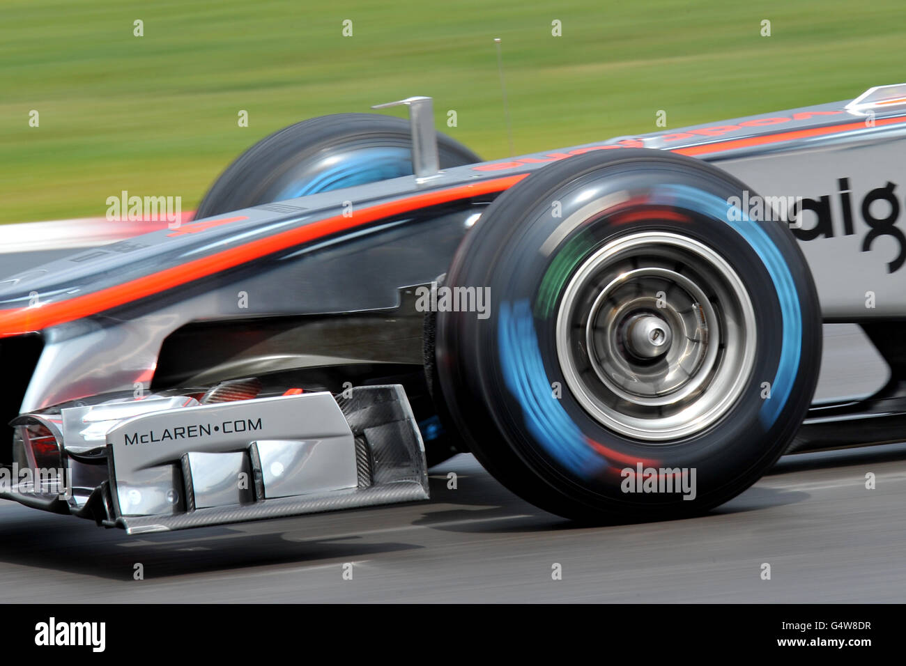 Detailed view of wheel and the front wing of a McLaren Mercedes car ...