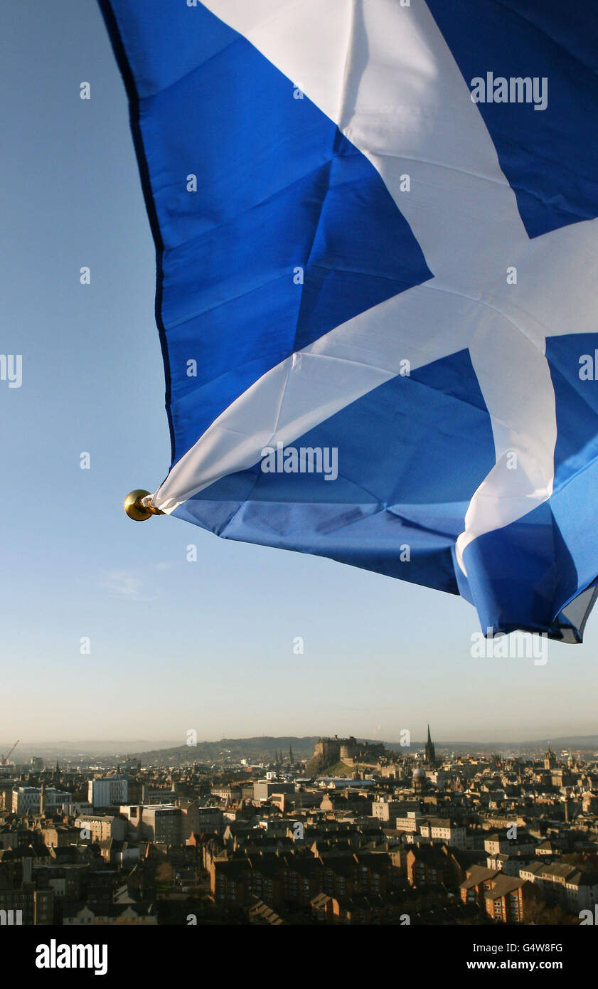 A Saltire flag hangs over Edinburgh, Scotland. Scotland's First ...