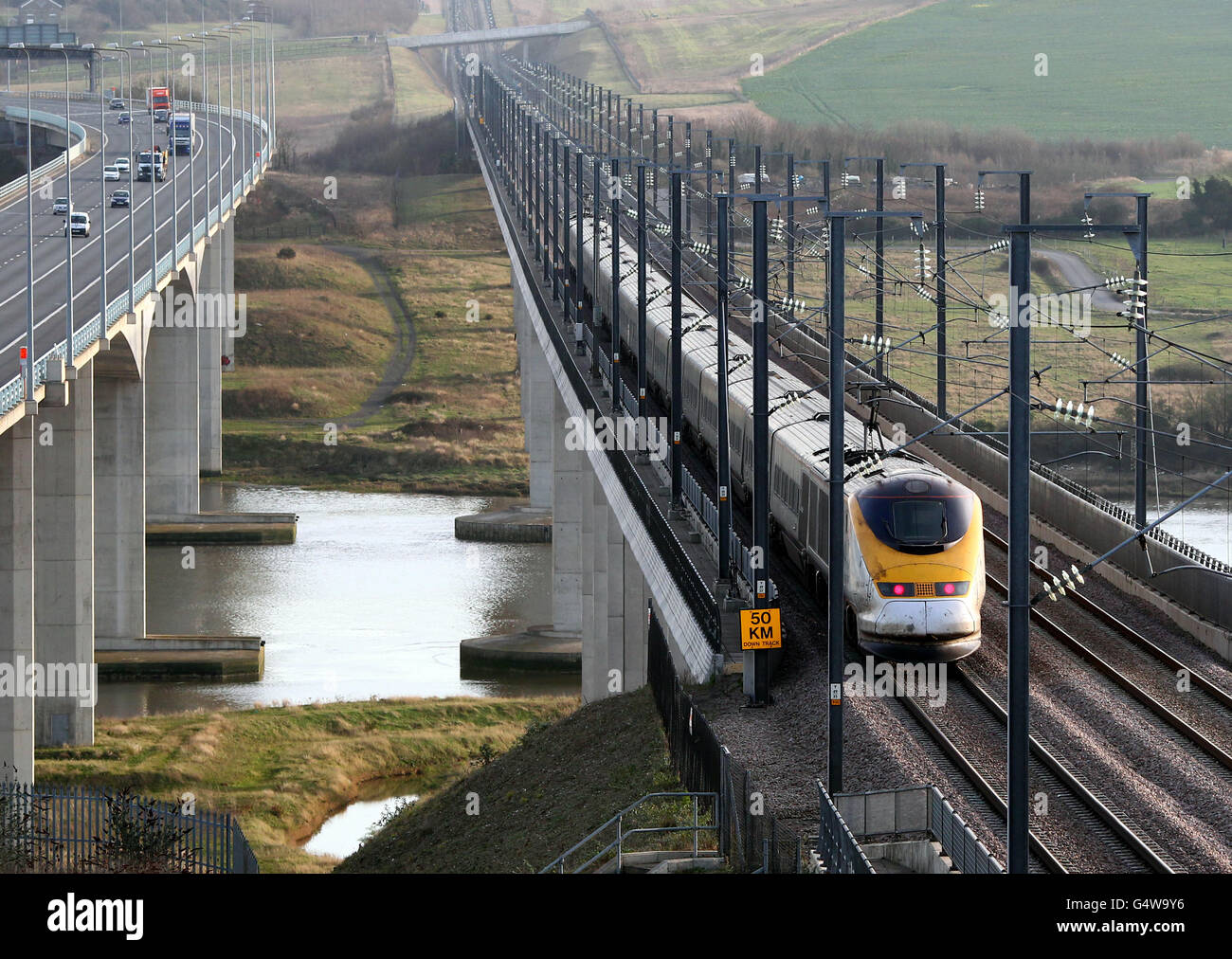 A general view of a Eurostar Train as it passes over the Medway Bridge ...