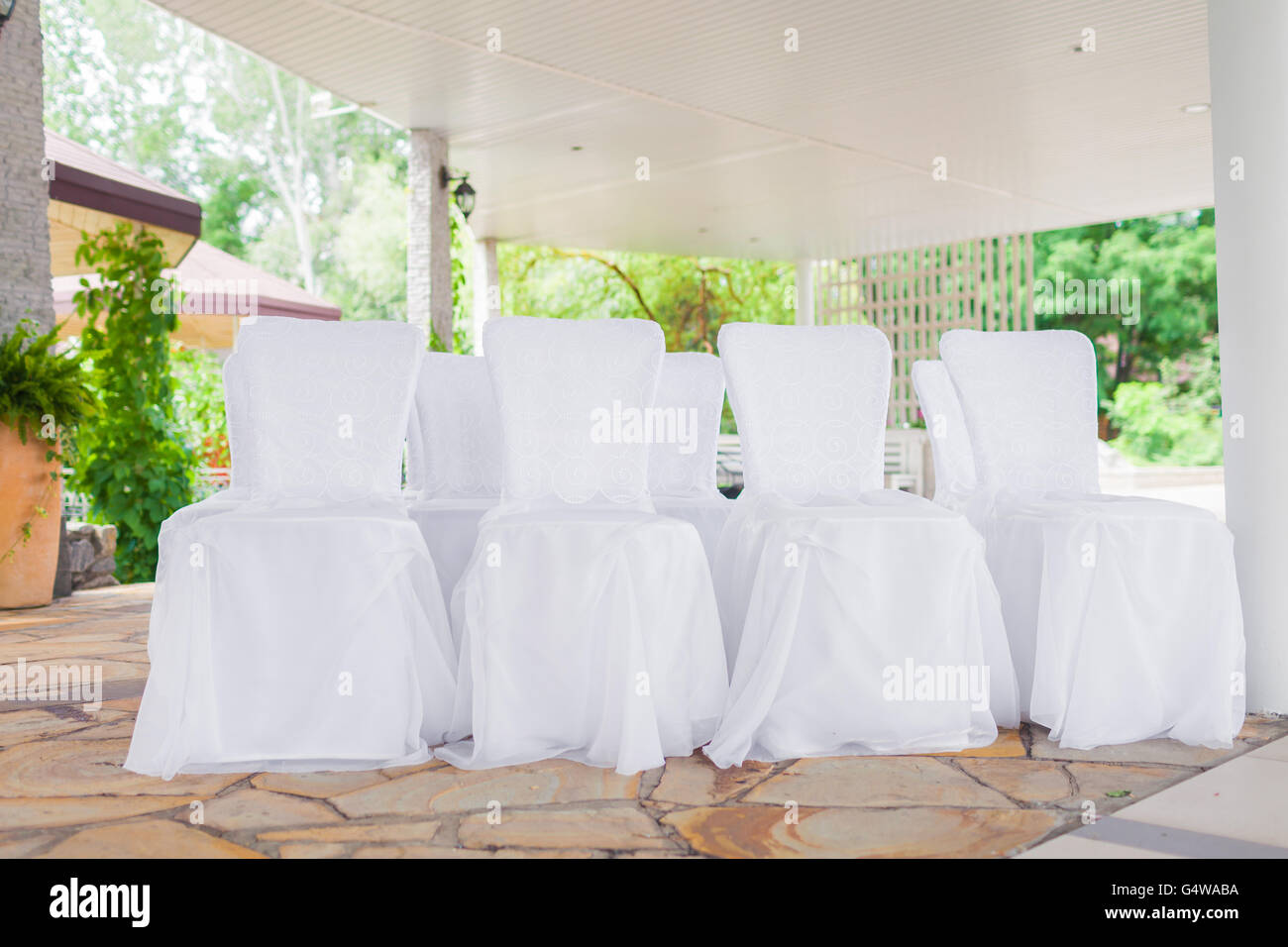 White chairs in banquet hall Stock Photo - Alamy