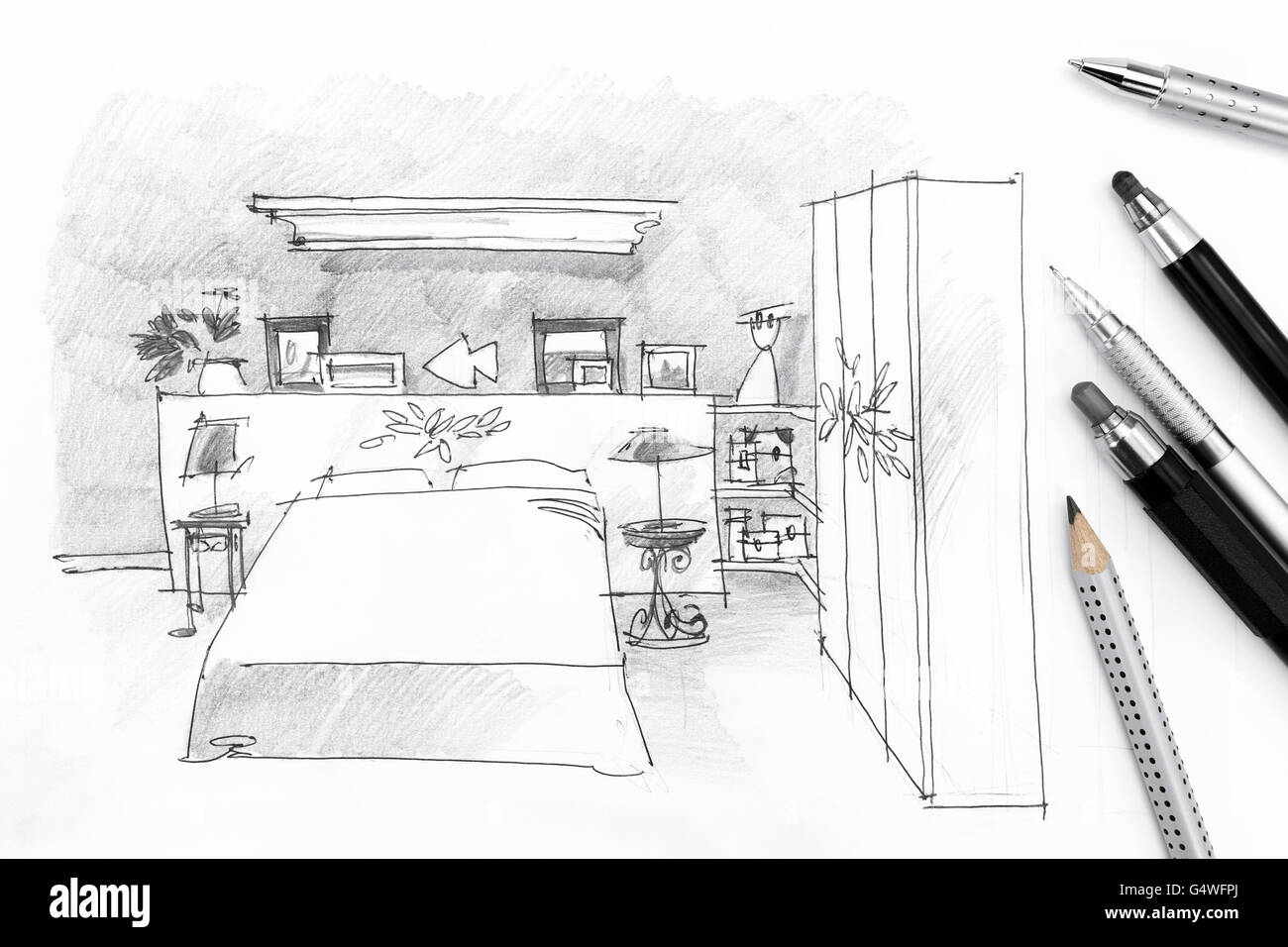 Freehand pencil drawing bedroom interior hi-res stock photography and ...