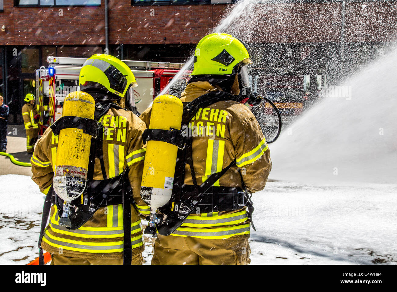 Fire fighters, during an exercise, with Respiratory protective ...