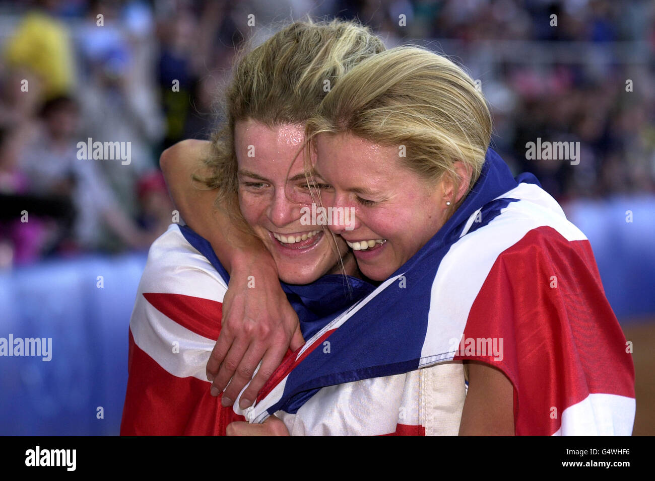 Great Britain medalists Stephanie Cook (R) and team mate Kate Allenby ...