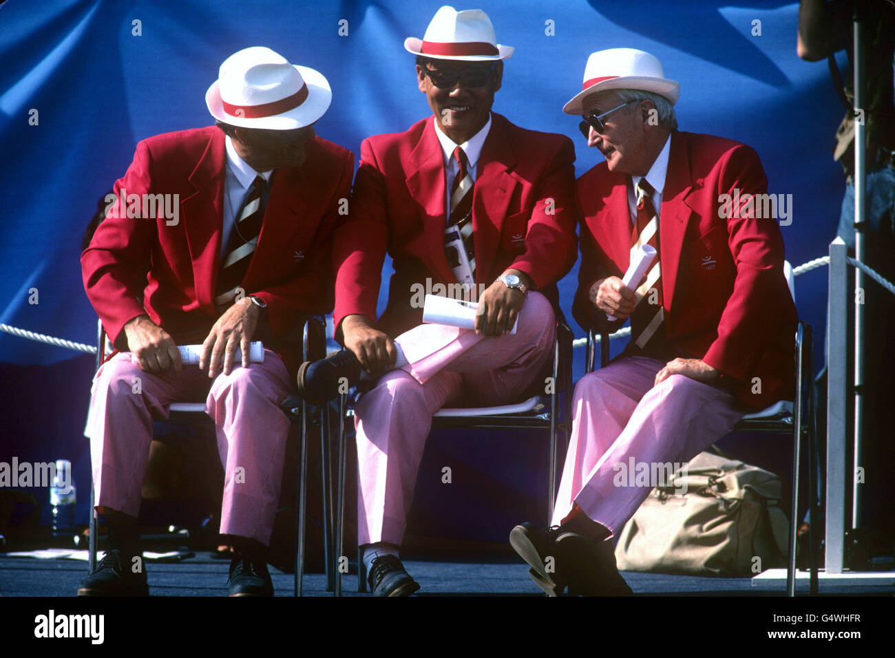 Swimming officials enjoying themselves at the Piscines Bernat Picornell ...