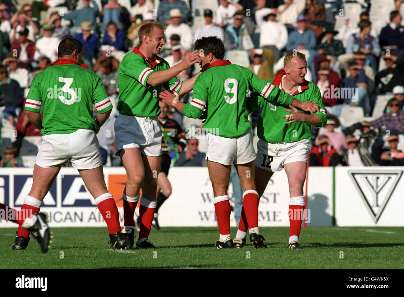 Celebrates with try scorer andy moore against japan hi-res stock ...