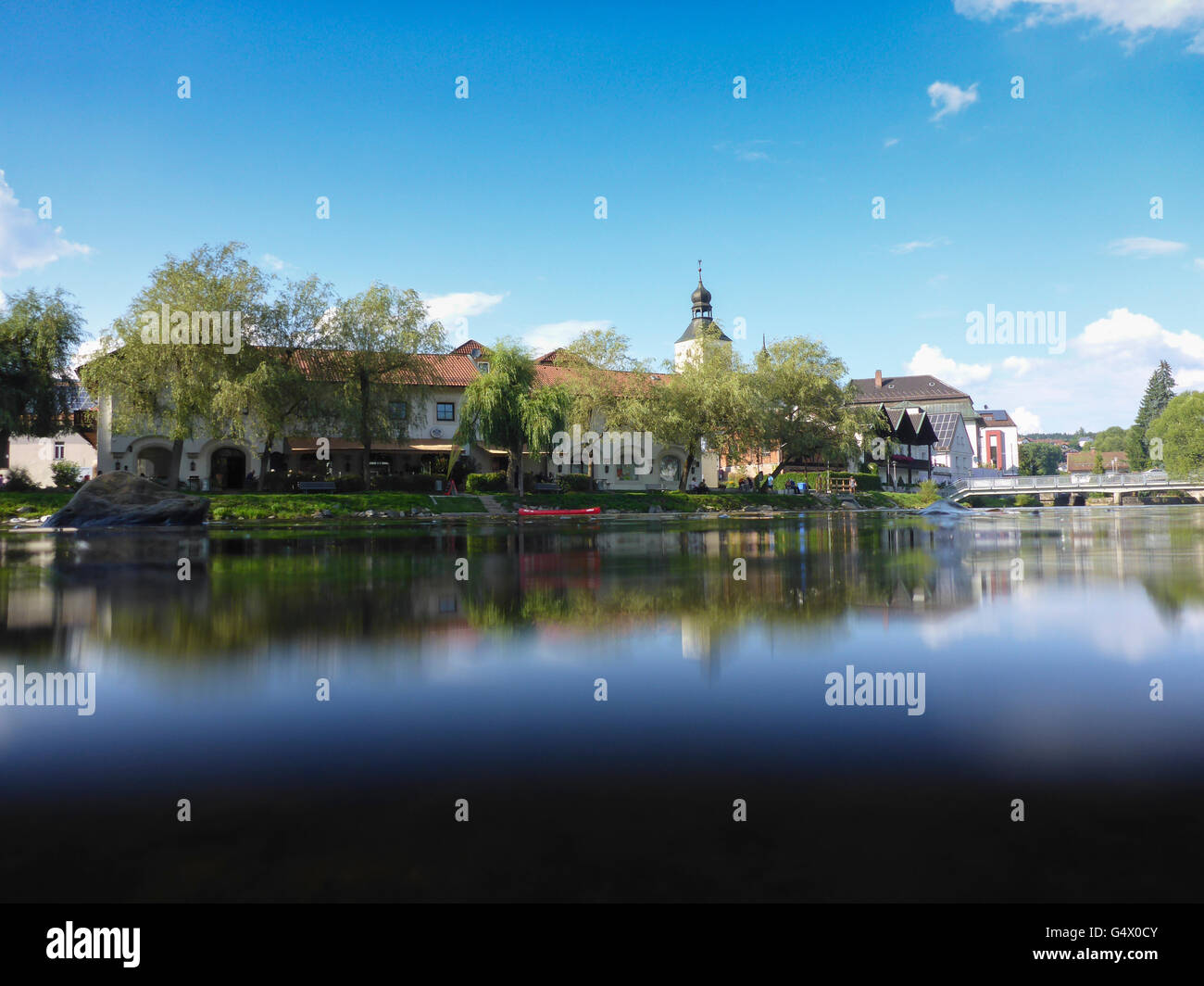 river Schwarzer Regen, church St. Michael, Regen, Germany, Bayern ...