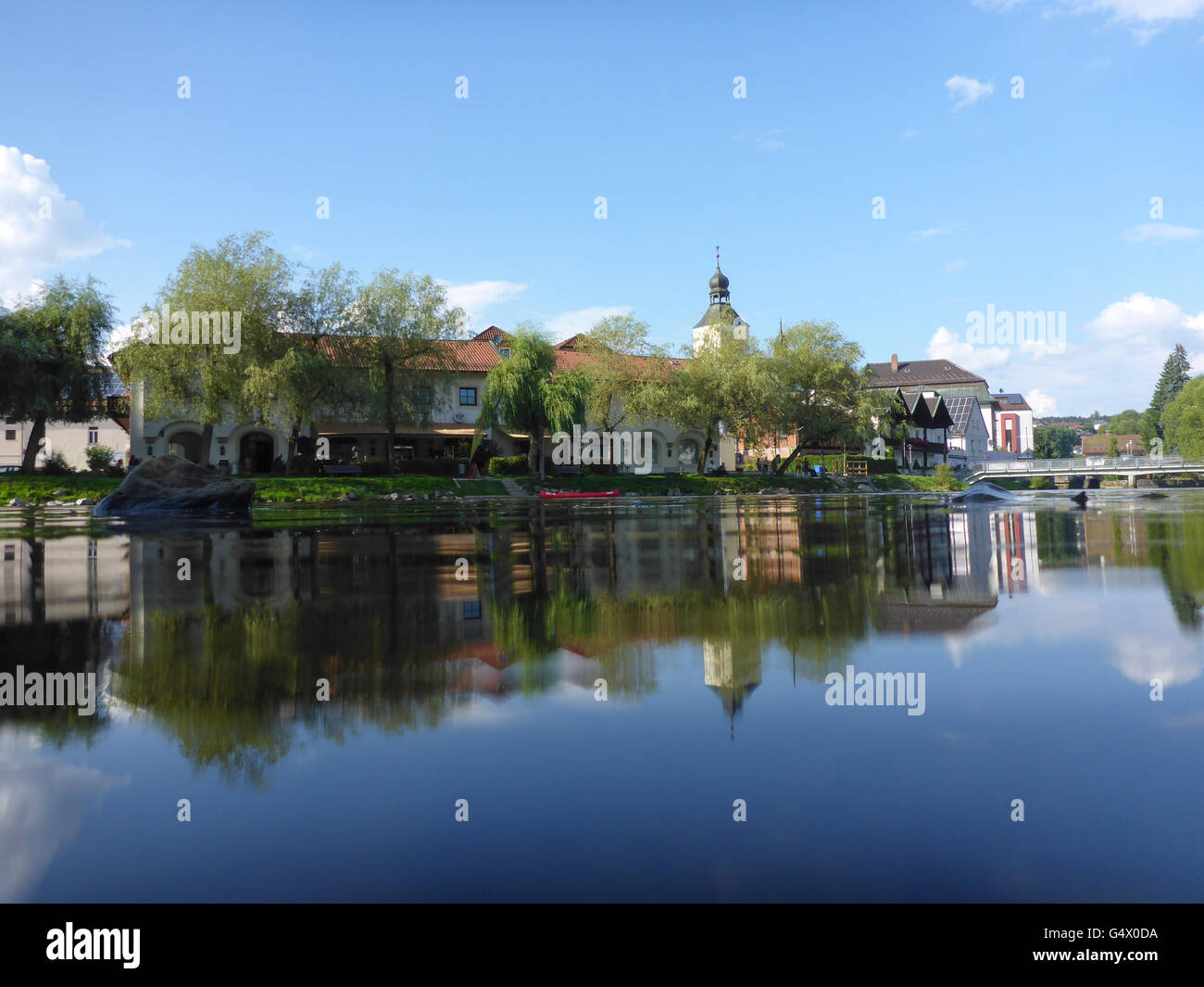 river Schwarzer Regen, church St. Michael, Regen, Germany, Bayern ...