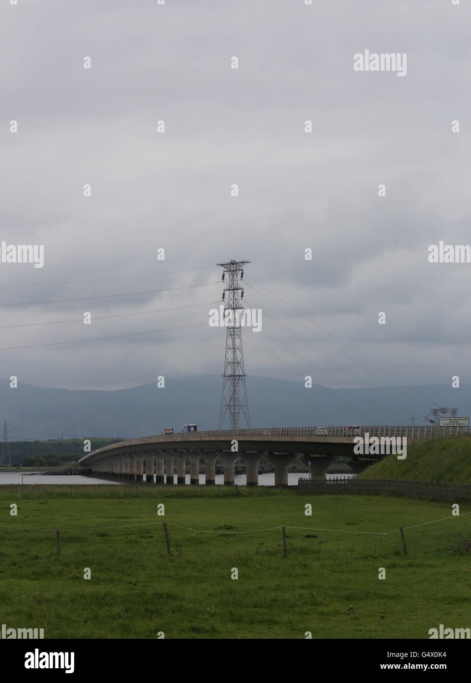Clackmannanshire Bridge across Firth of Forth and north pylon of 400kV ...