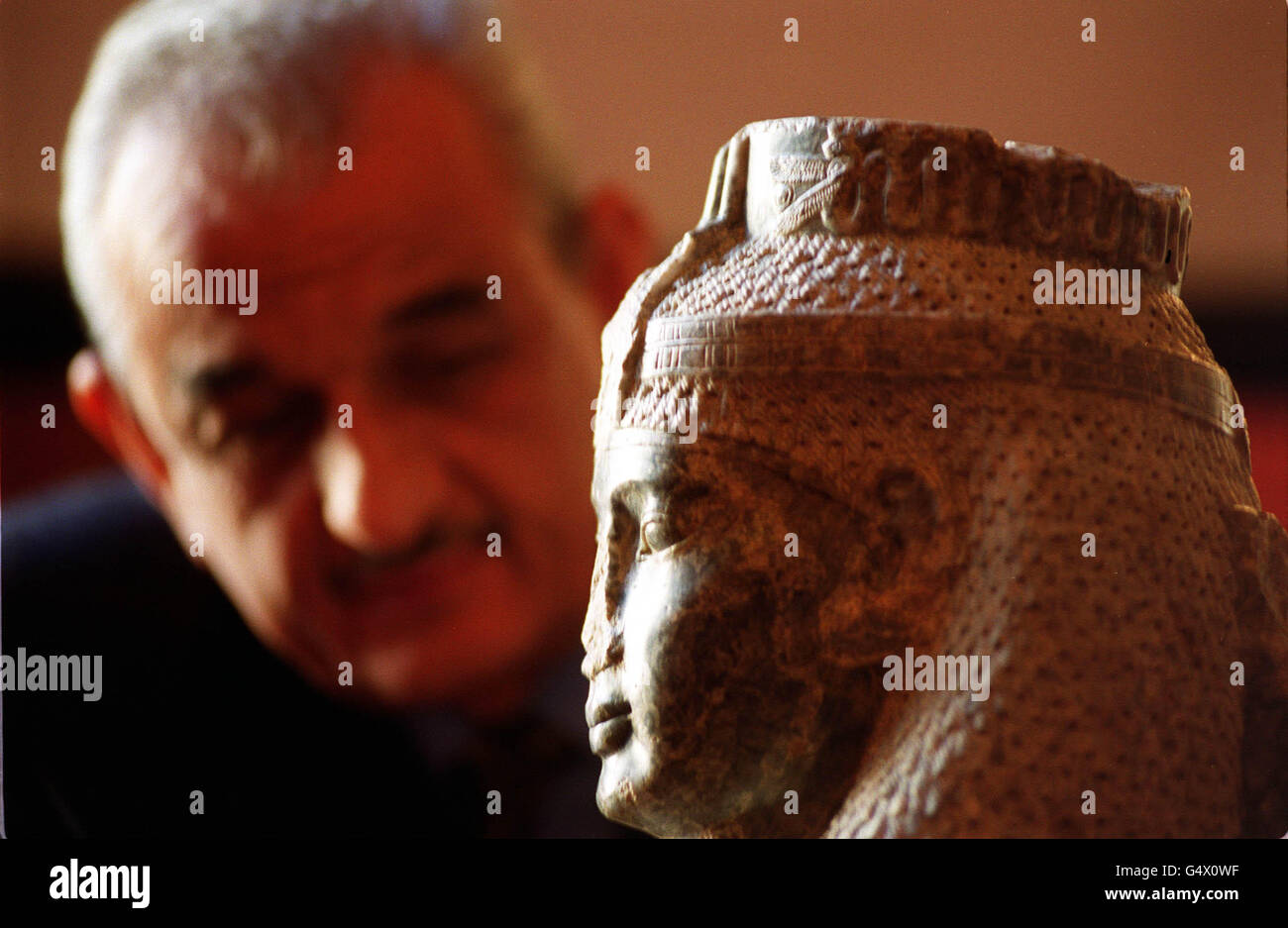The Ambassador of Egypt HE Mr Adel El-Gazzar, at the British Museum, looking at a sculpture ...