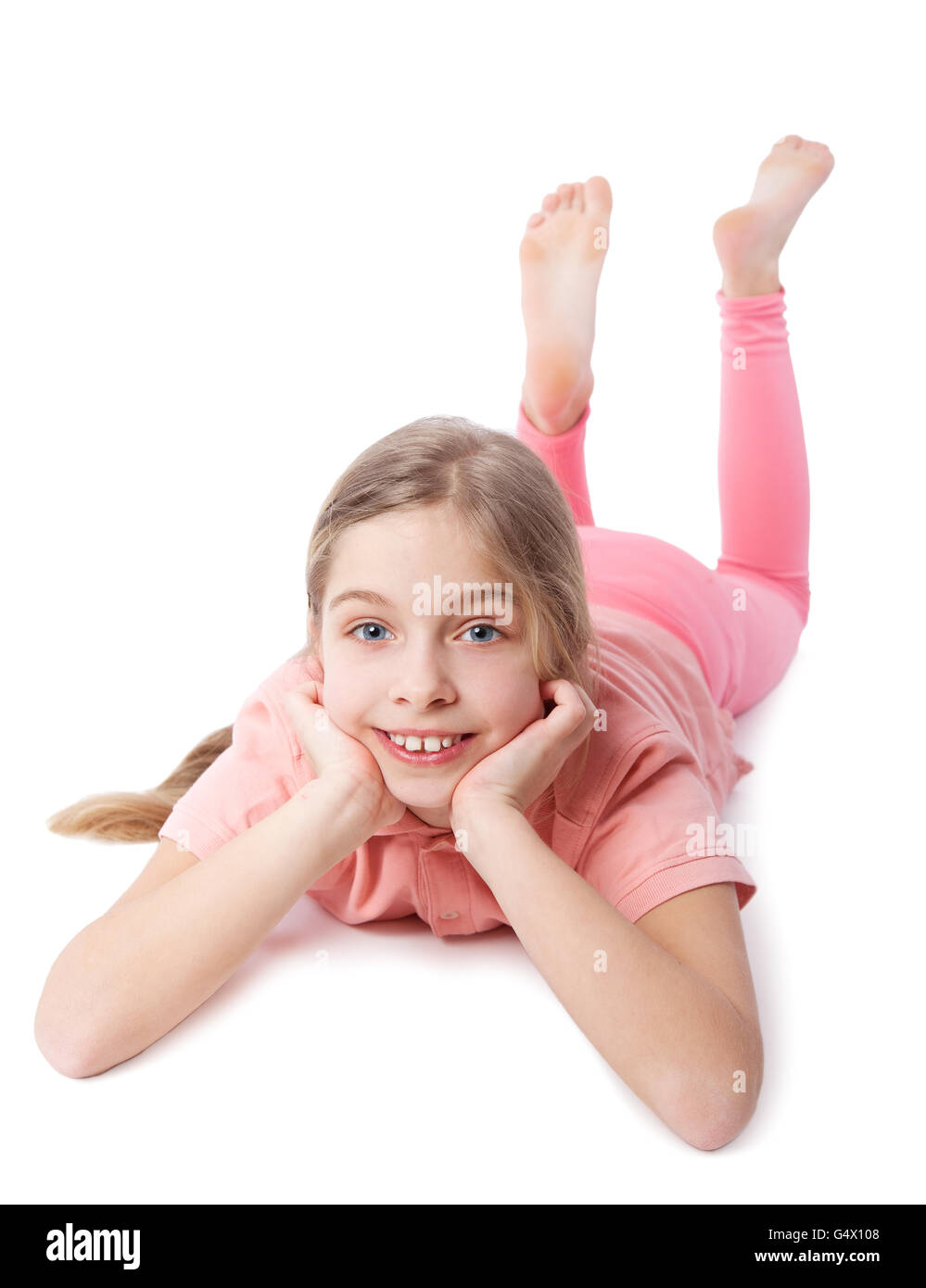 happy girl lying on the floor Stock Photo - Alamy