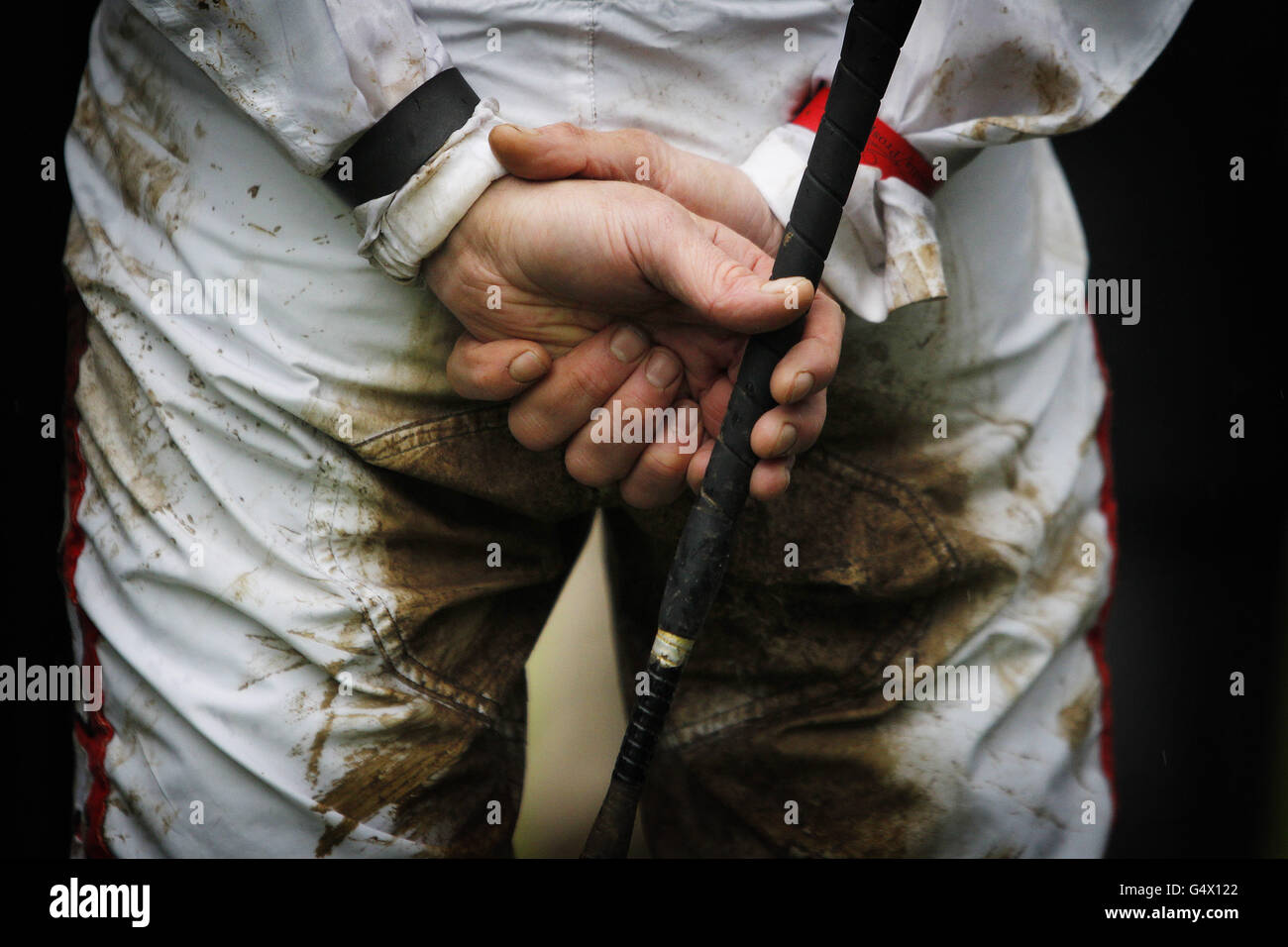 Jockey Davey Russell holds his whip during the BHP Irish Champion ...