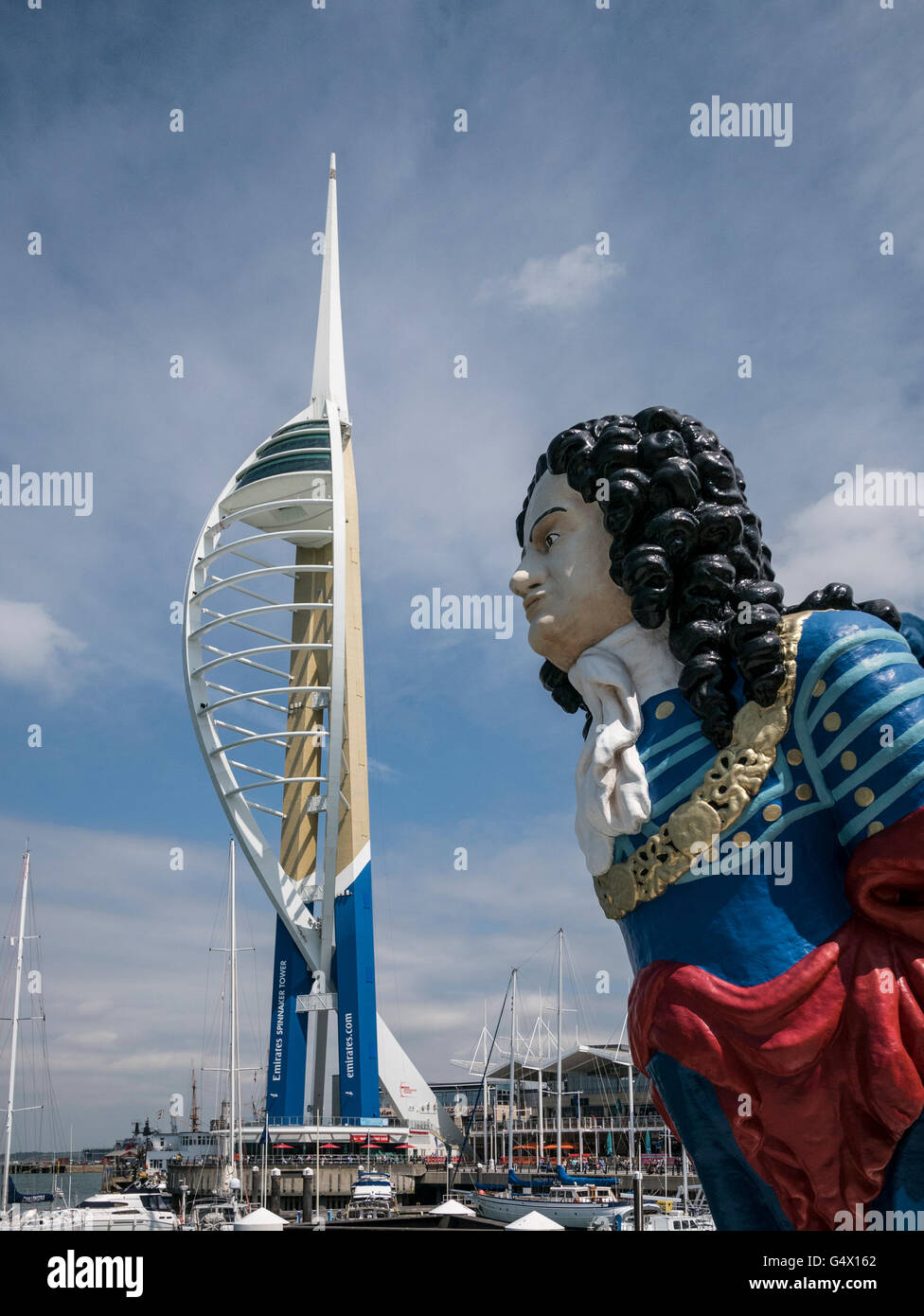 Portsmouth UK Spinnaker Tower and Ship's Figurehead Stock Photo - Alamy