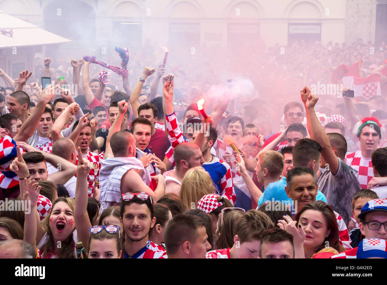ZAGREB, CROATIA - JUNE 17 Croatian football fans on the Ban Jelacic ...