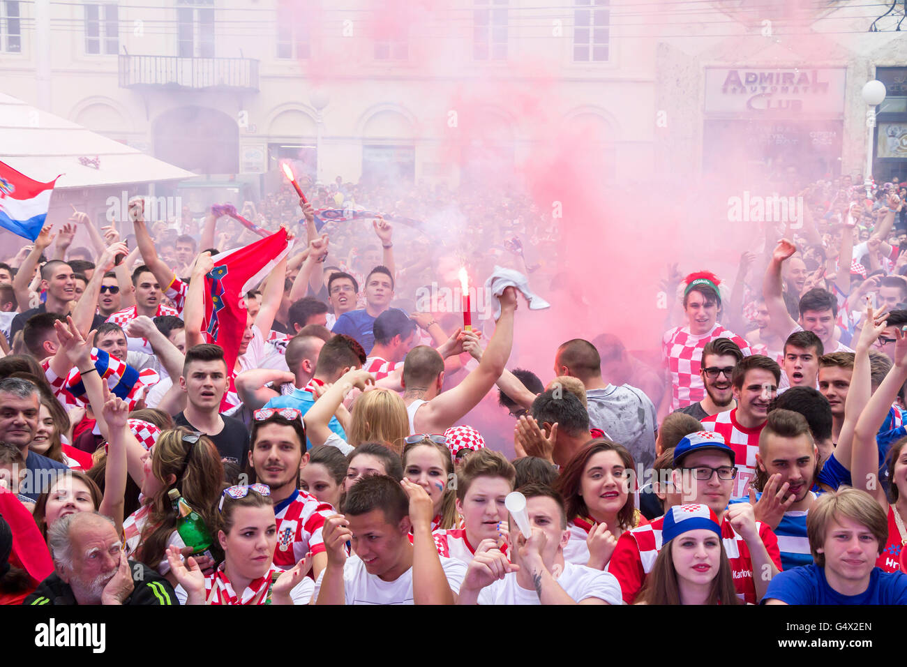 ZAGREB, CROATIA - JUNE 17 Croatian football fans on the Ban Jelacic ...