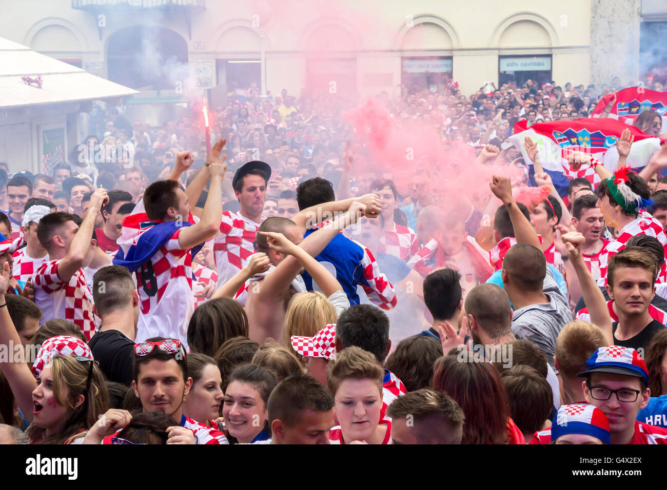 ZAGREB, CROATIA - JUNE 17 Croatian football fans on the Ban Jelacic ...