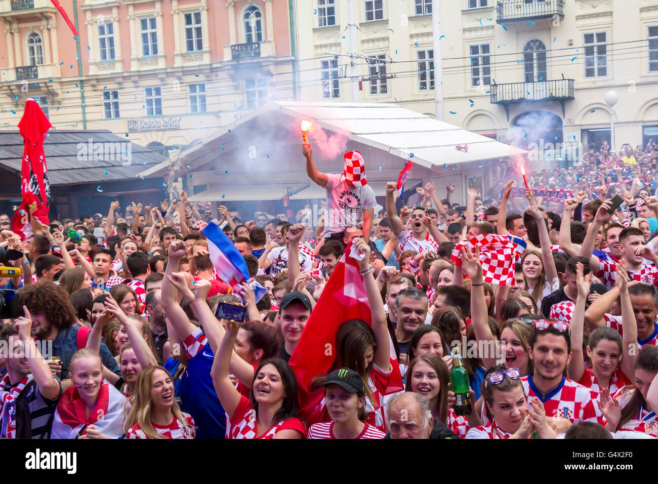 ZAGREB, CROATIA - JUNE 17 Croatian football fans on the Ban Jelacic ...
