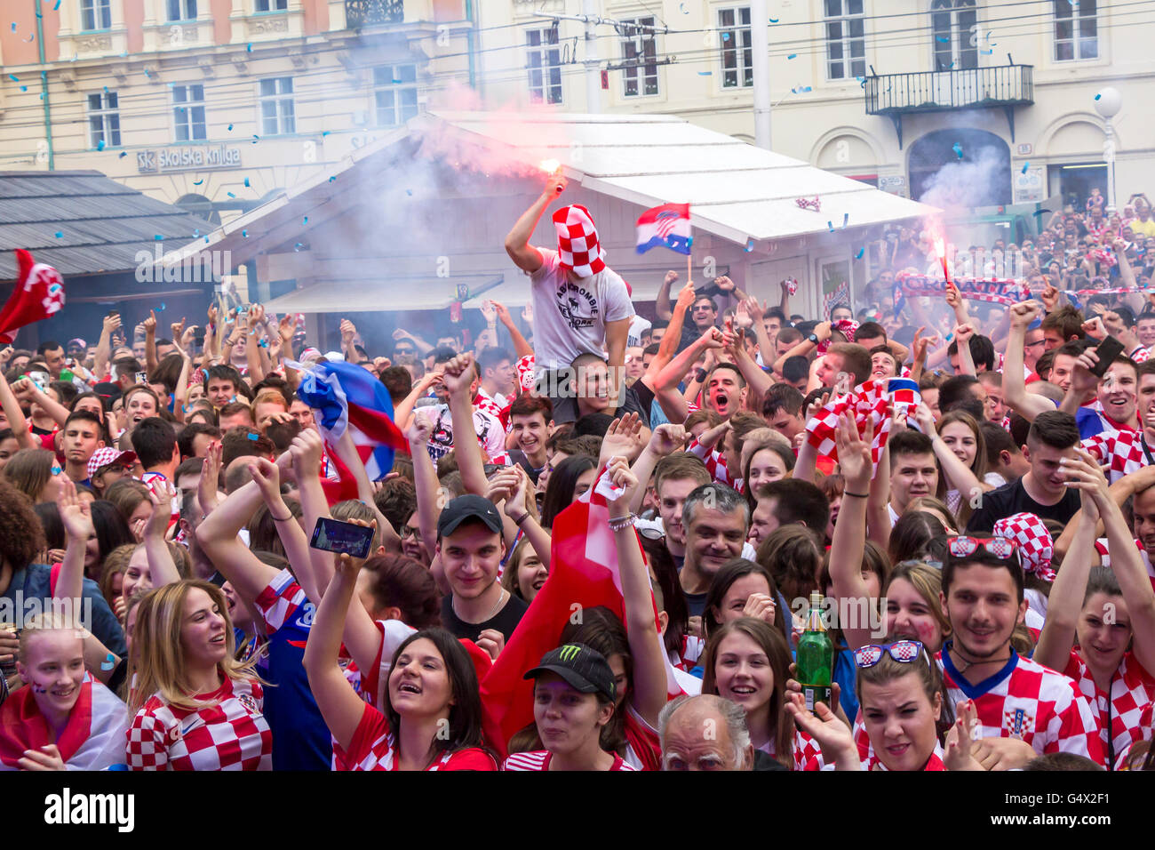 ZAGREB, CROATIA - JUNE 17 Croatian football fans on the Ban Jelacic ...