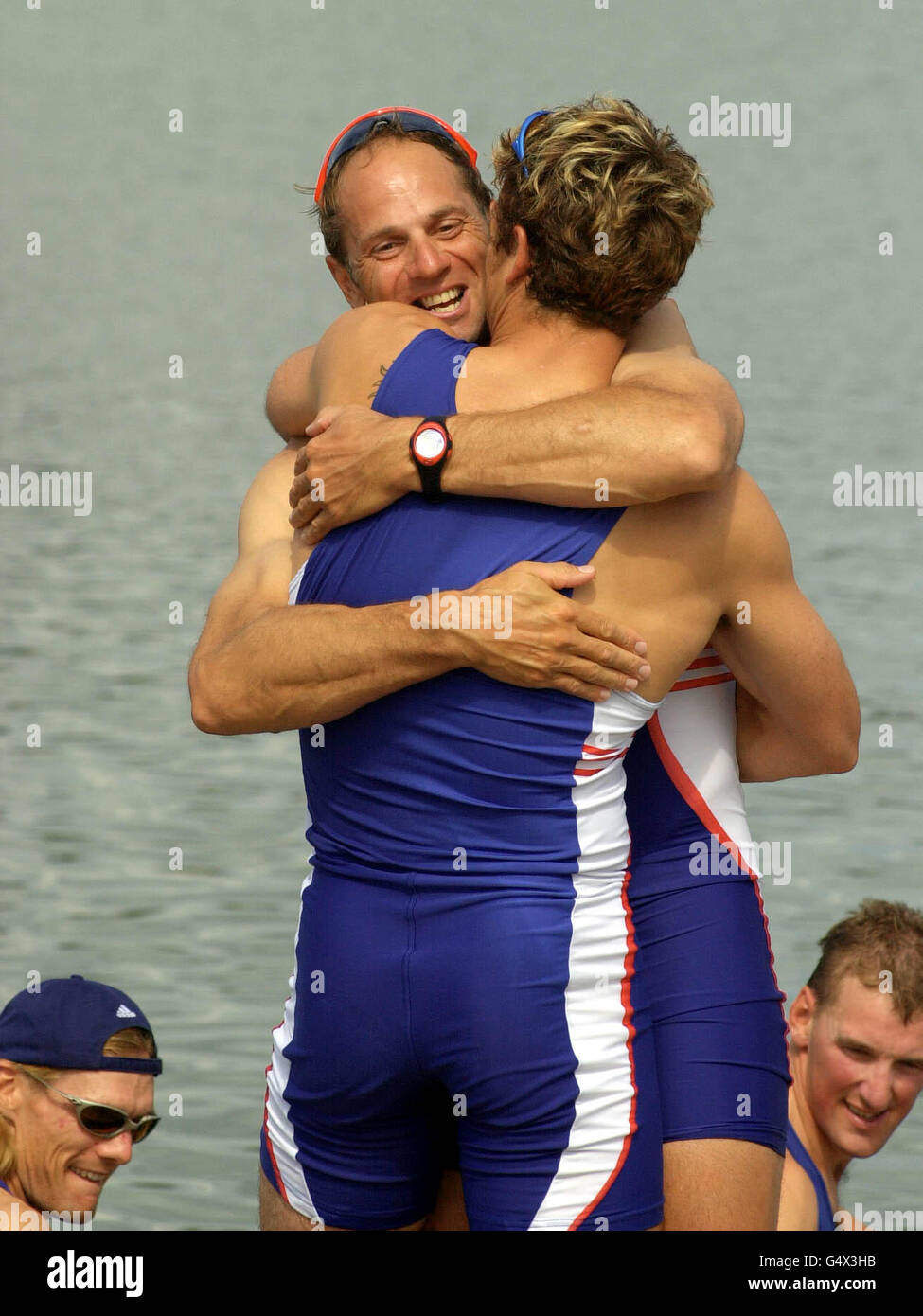 Great Britain rower Steve Redgrave is congratulated by teammate James ...