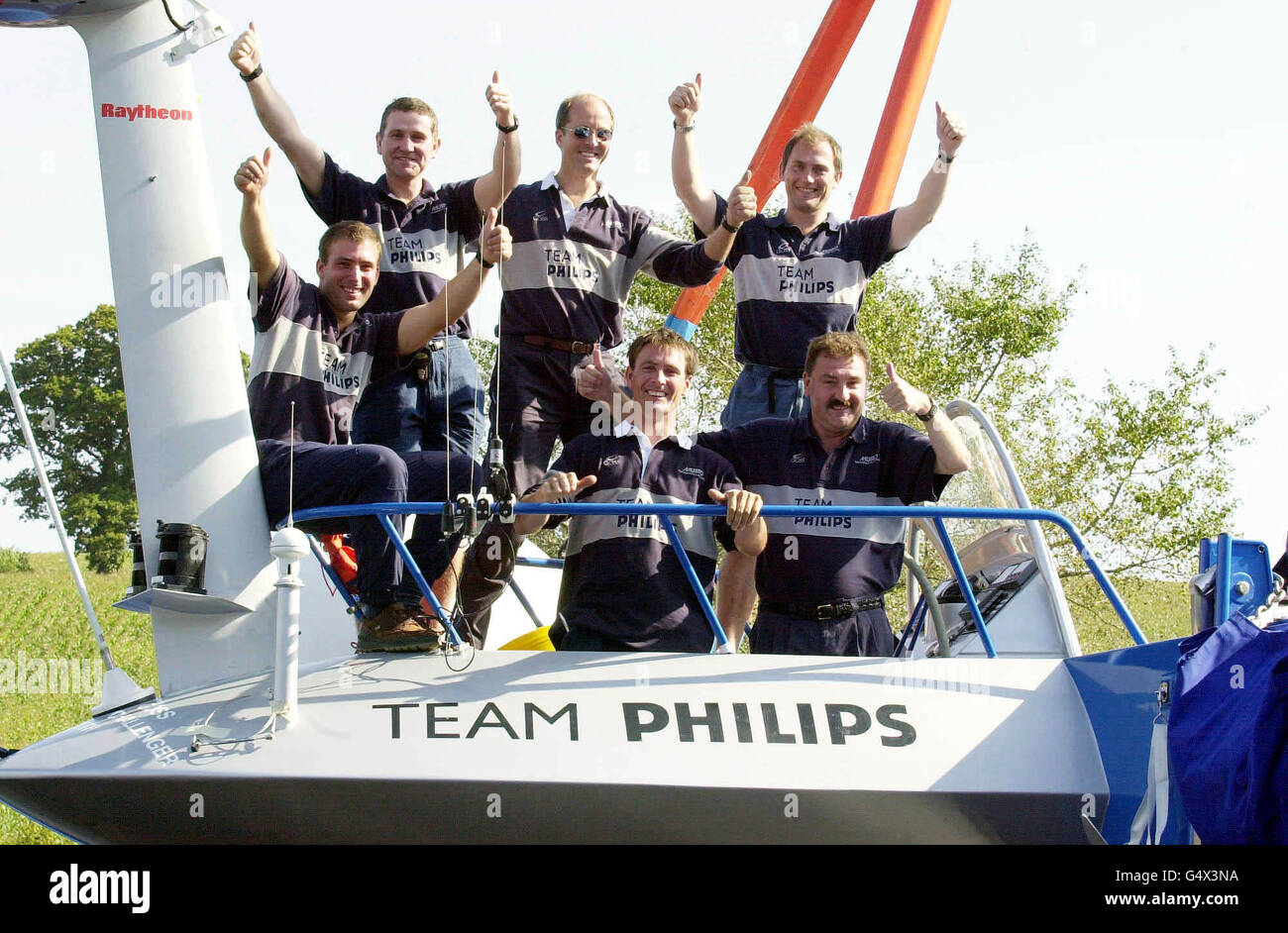 Mike calvin pete goss 120ft catamaran back in water hi-res stock ...