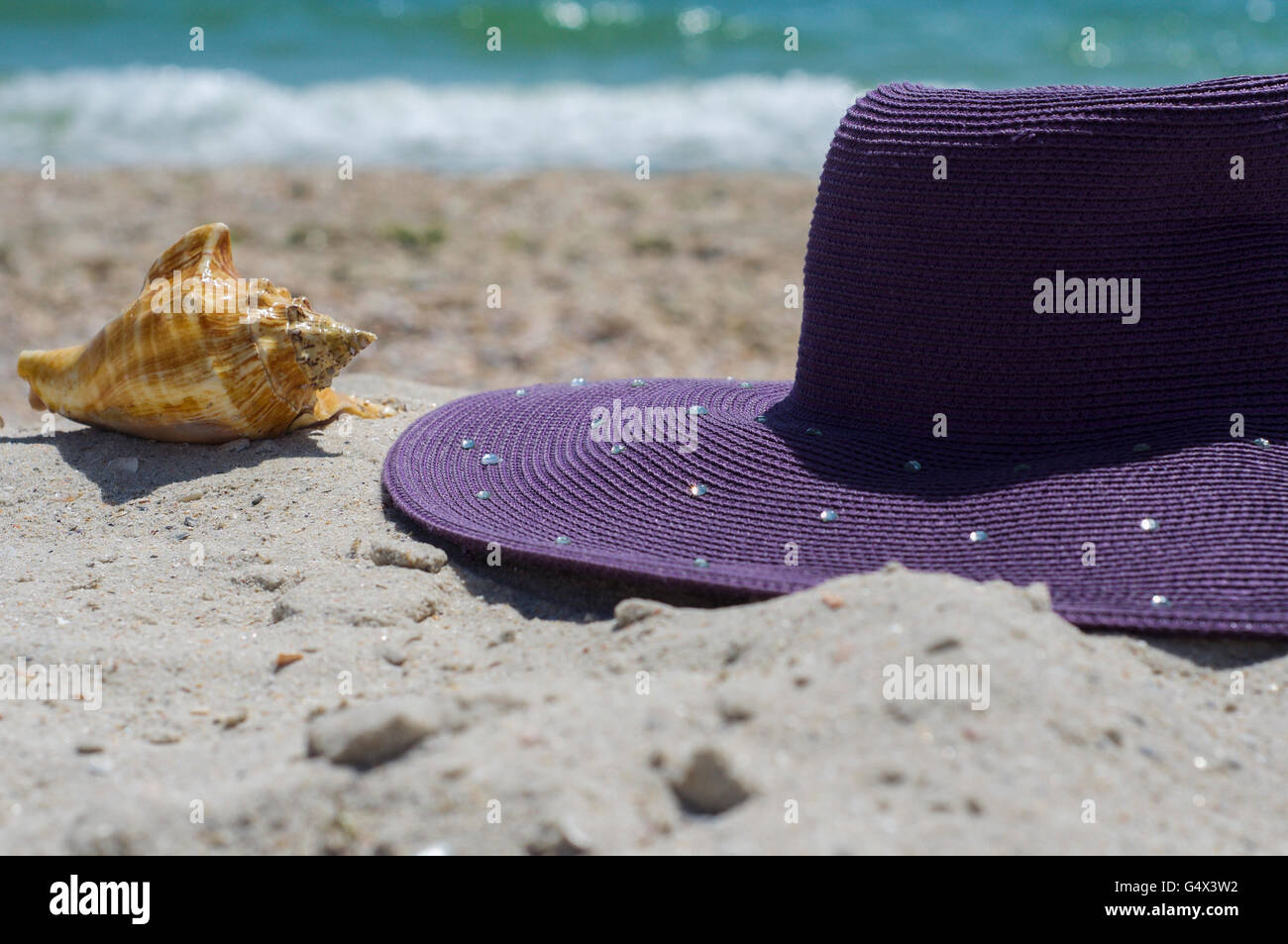 Purple hat and clam shell on the beach Stock Photo - Alamy