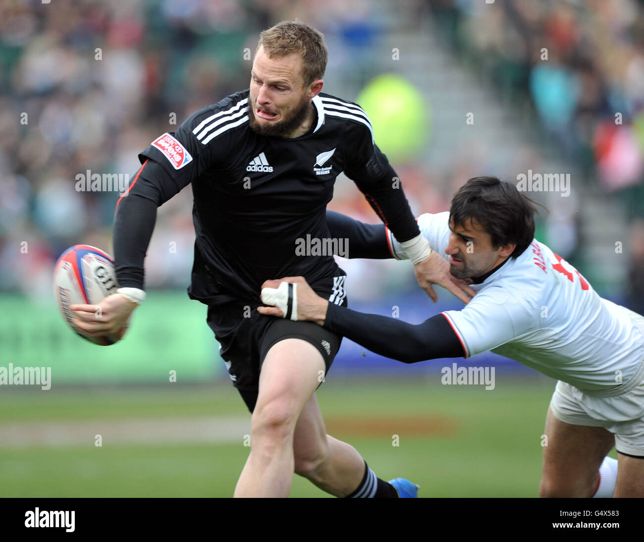 New Zealand's Mark Jackman in action with France's Paul Albadejo during ...