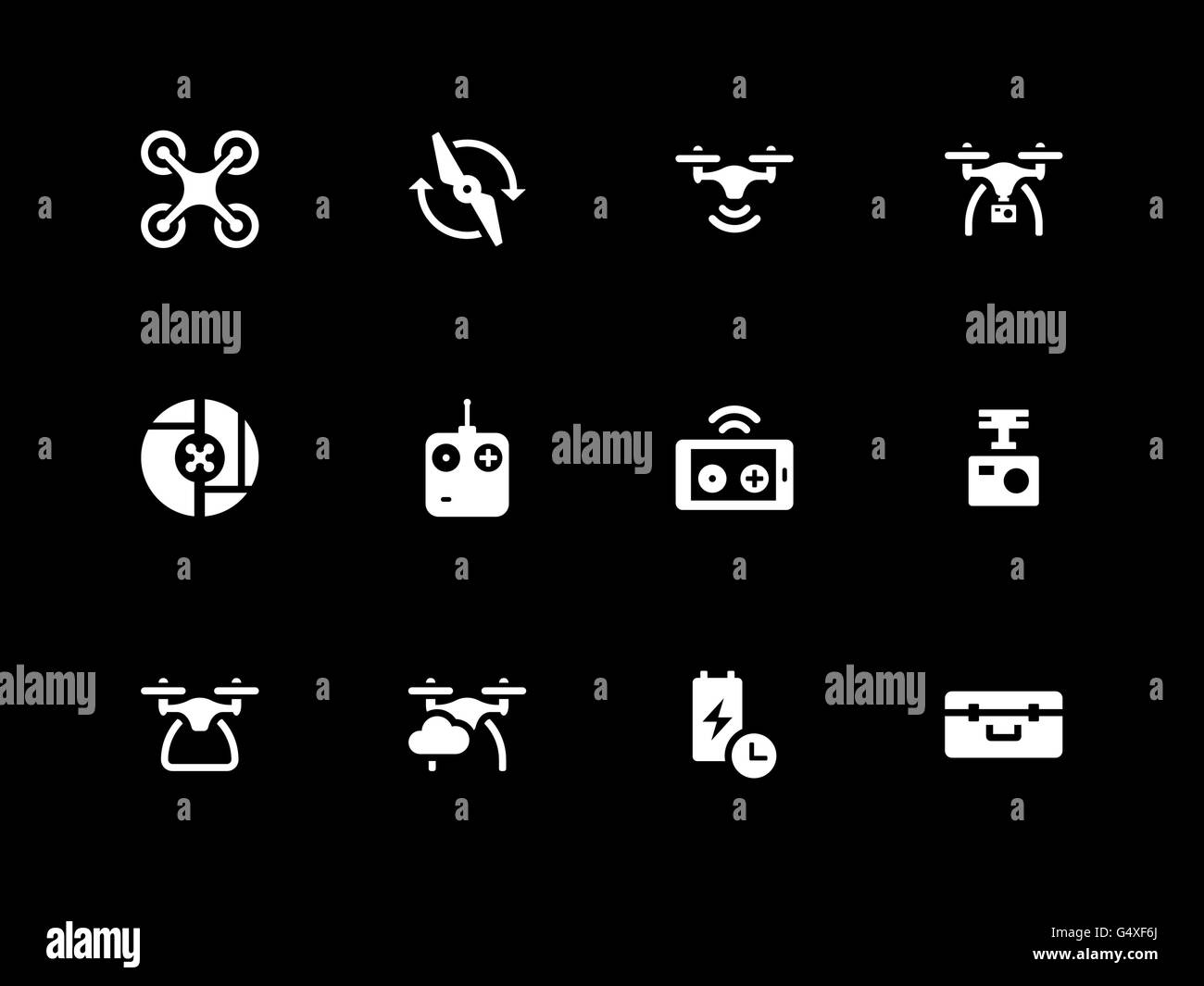 Drone and wireless remote control icons on black background Stock ...