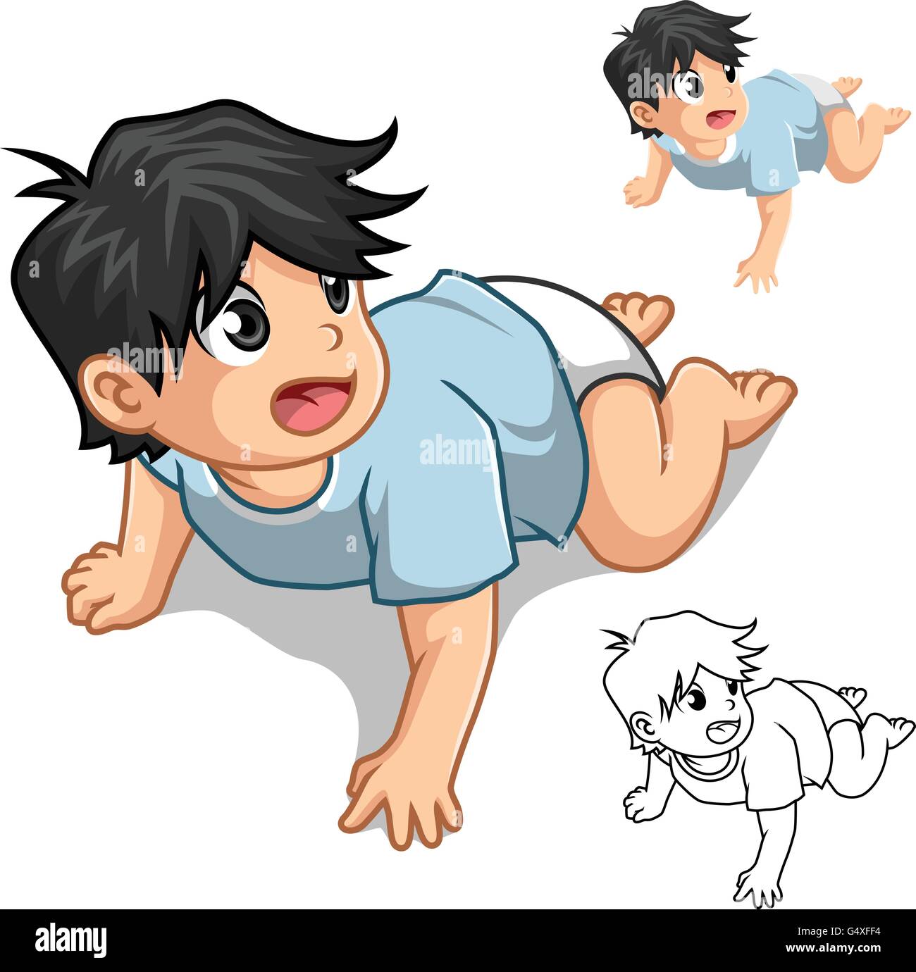 Baby Crawling Cartoon Character Include Flat Design and Outline Version ...