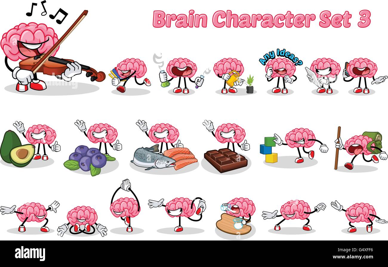 Set of Brain Cartoon Character Three Vector Illustration Stock Vector ...