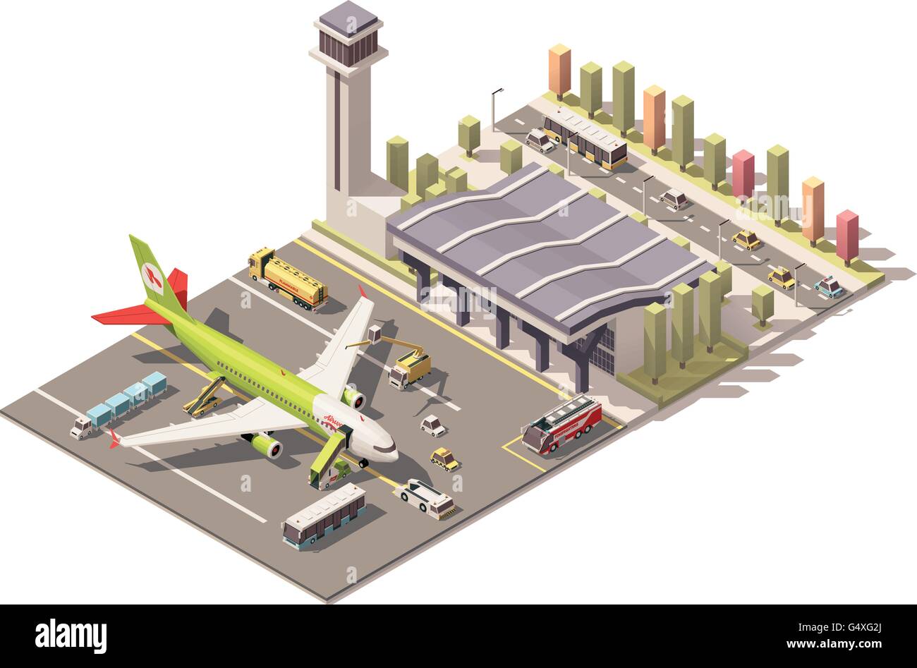 Vector isometric low poly airport terminal building with airplane and ...