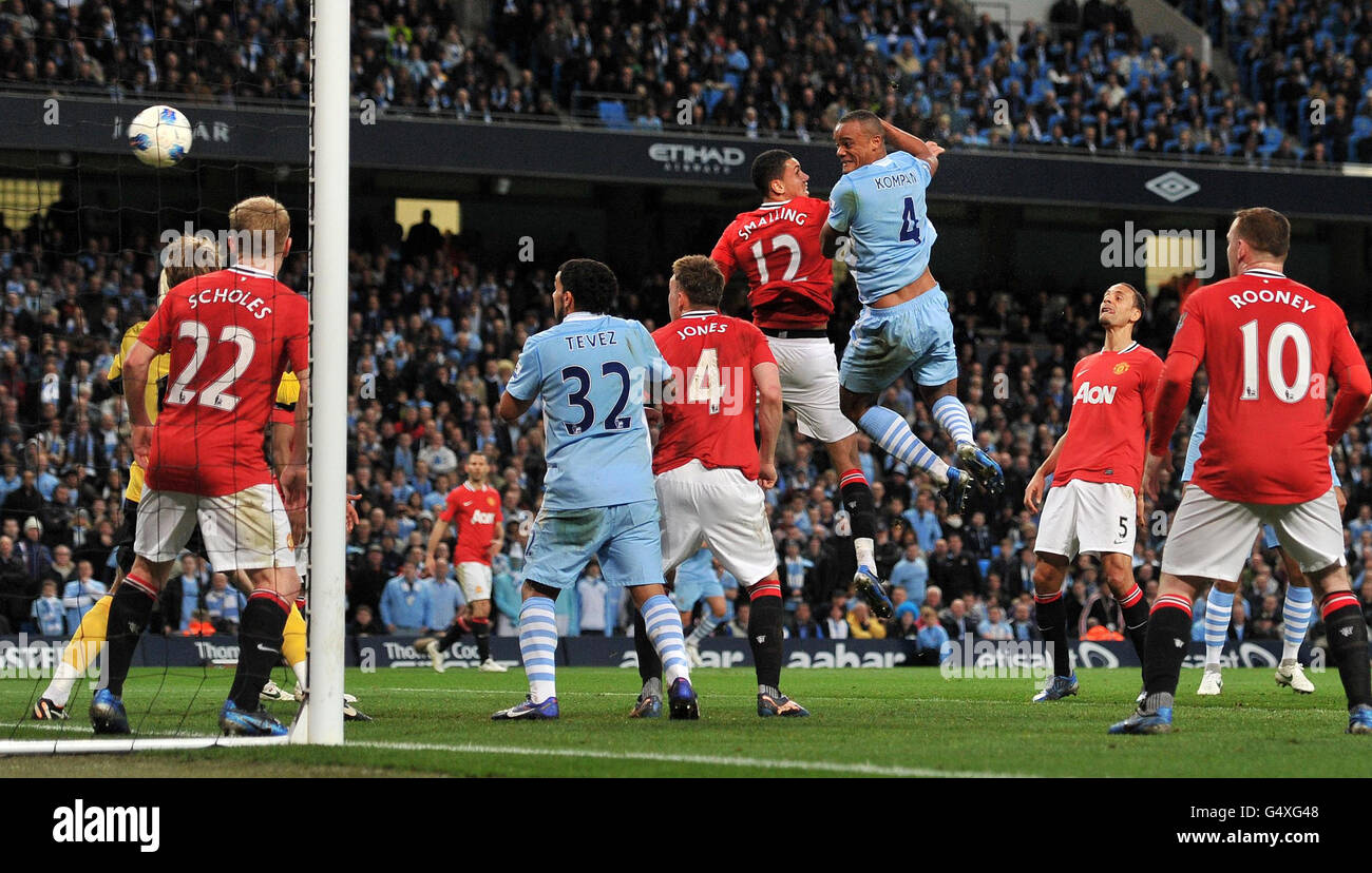 Manchester City's Vincent Kompany scores his teams first goal during ...
