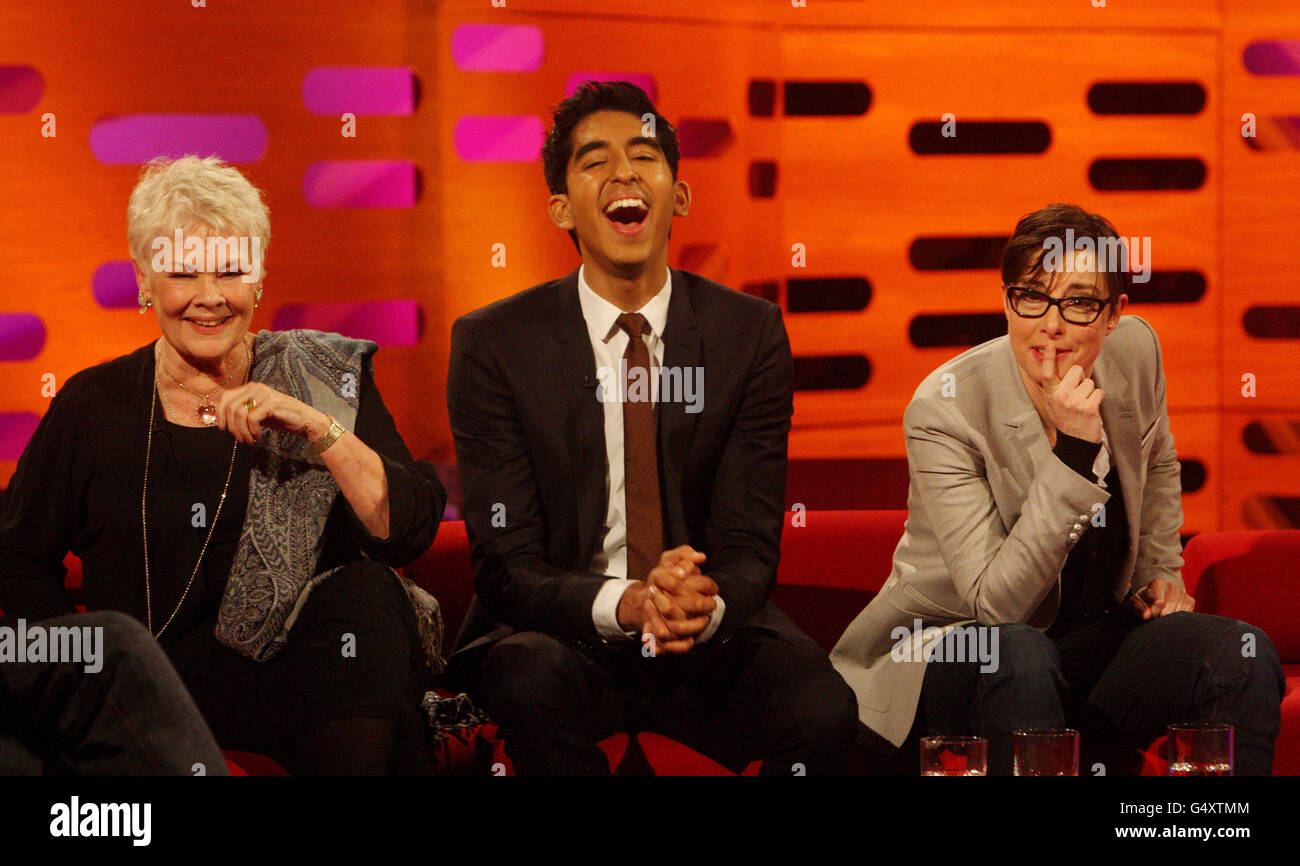 (Left to right) Dame Judi Dench, Dev Patel and Sue Perkins during the ...