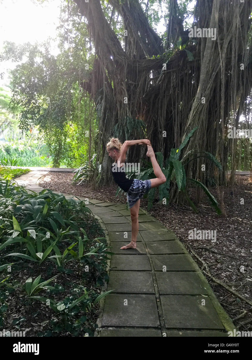 Singapore, yoga balance in botanical garden Stock Photo - Alamy
