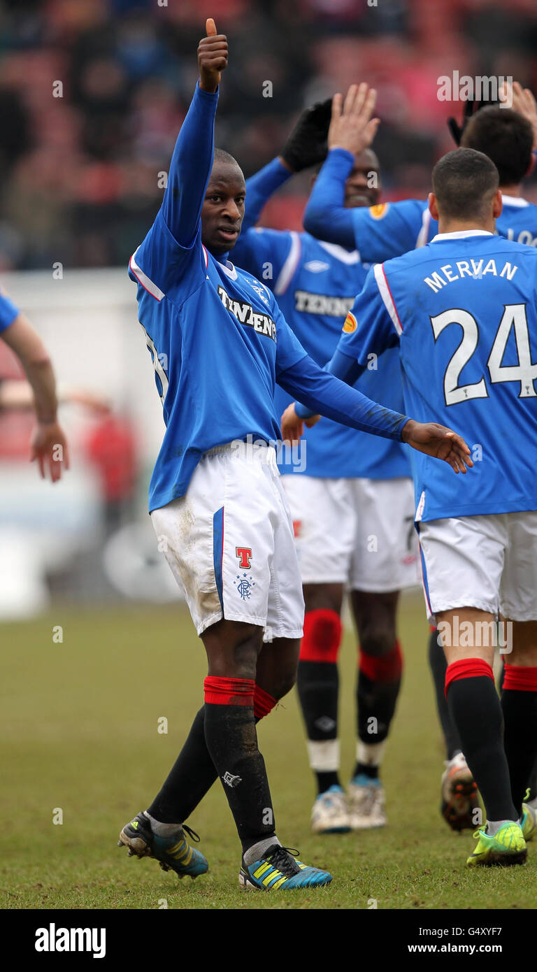 Ranger's Sone Aluko celebrates scoring during the Clydesdale Bank ...