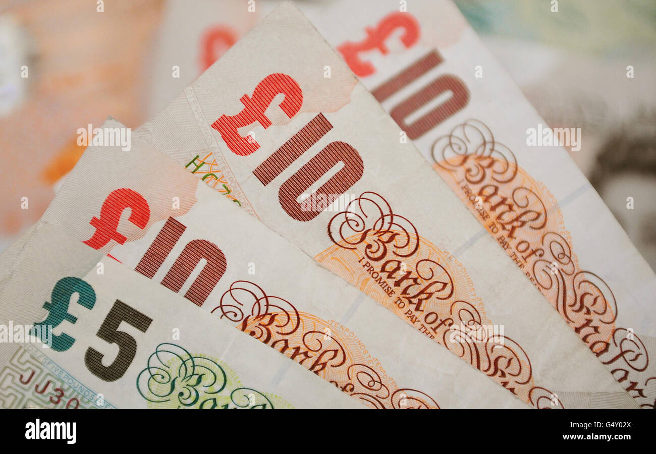 A general view of £5 and £10 notes as hard-pressed families felt some ...