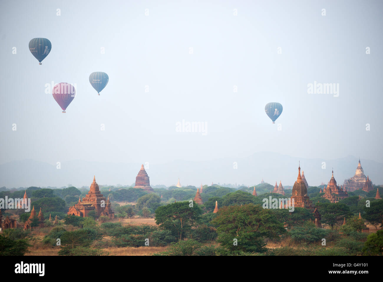 Hot-air balloons flying over Bagan temples at dawn, Old Bagan ...