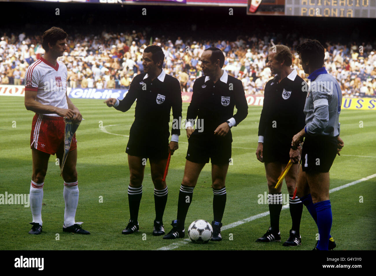 The two captains exchange pennants before the kick off in front of the match officials. (l-r ...