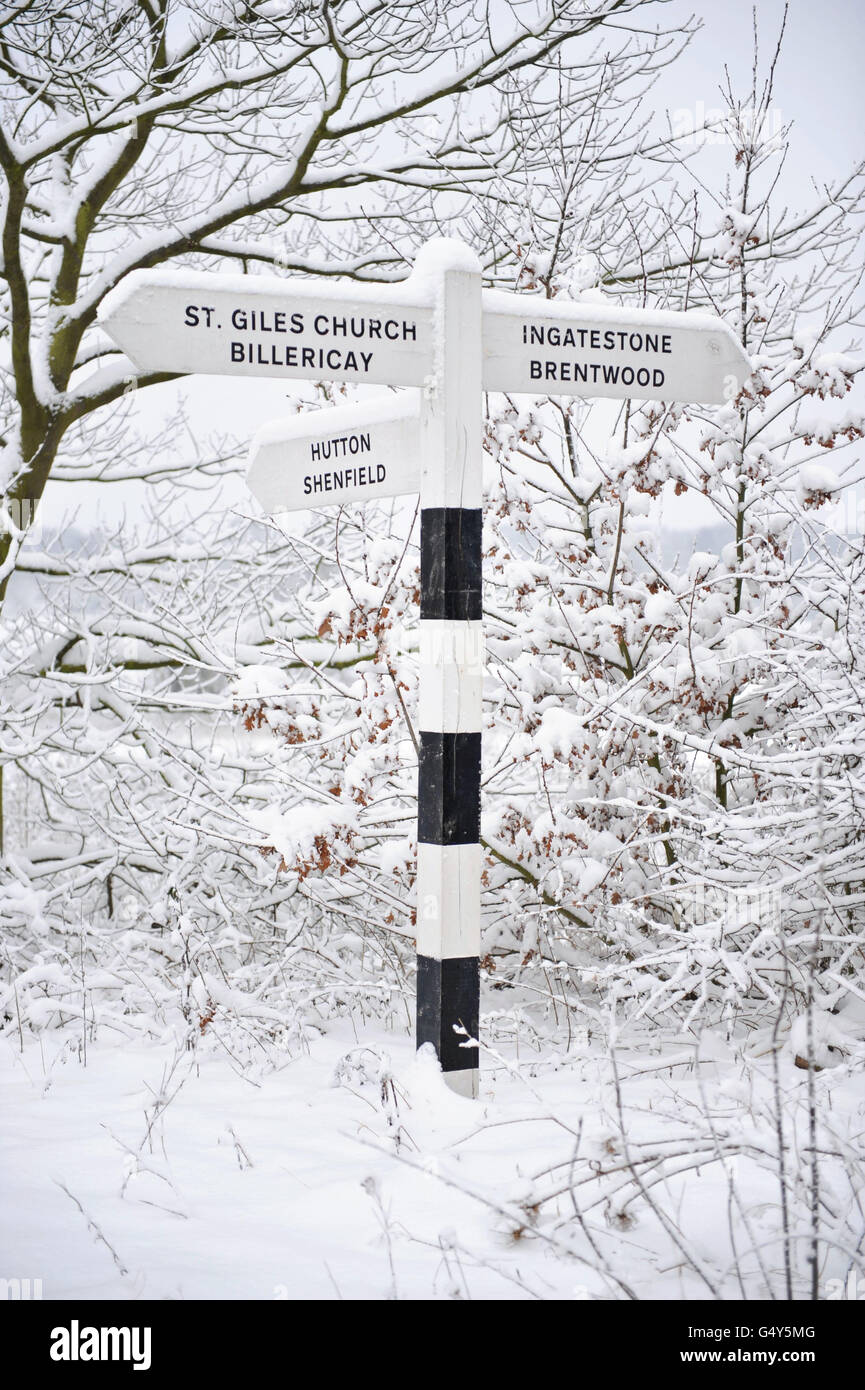 A snow-covered road sign in Brentwood, Essex. Much of Britain woke up ...