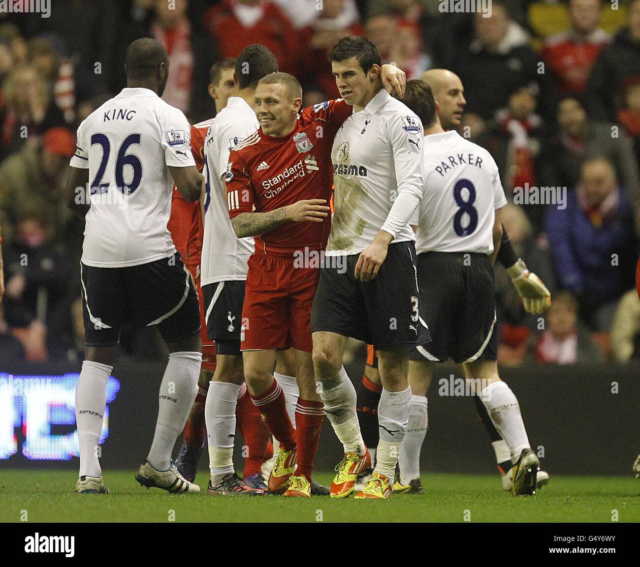 Tottenham Hotspur's Gareth Bale is led away from the confrontation by ...