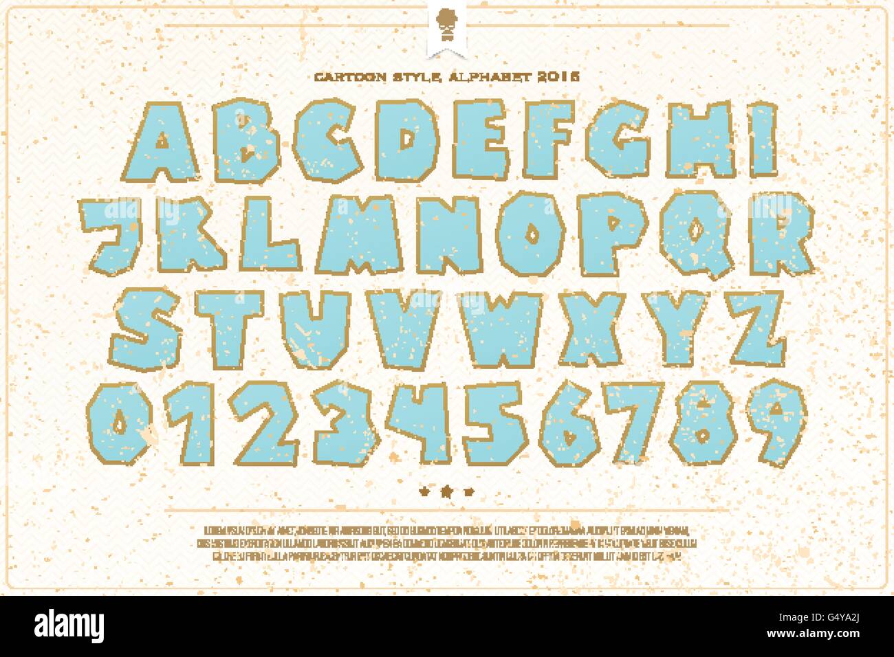 set of cartoon style alphabet letters and numbers over paper texture ...