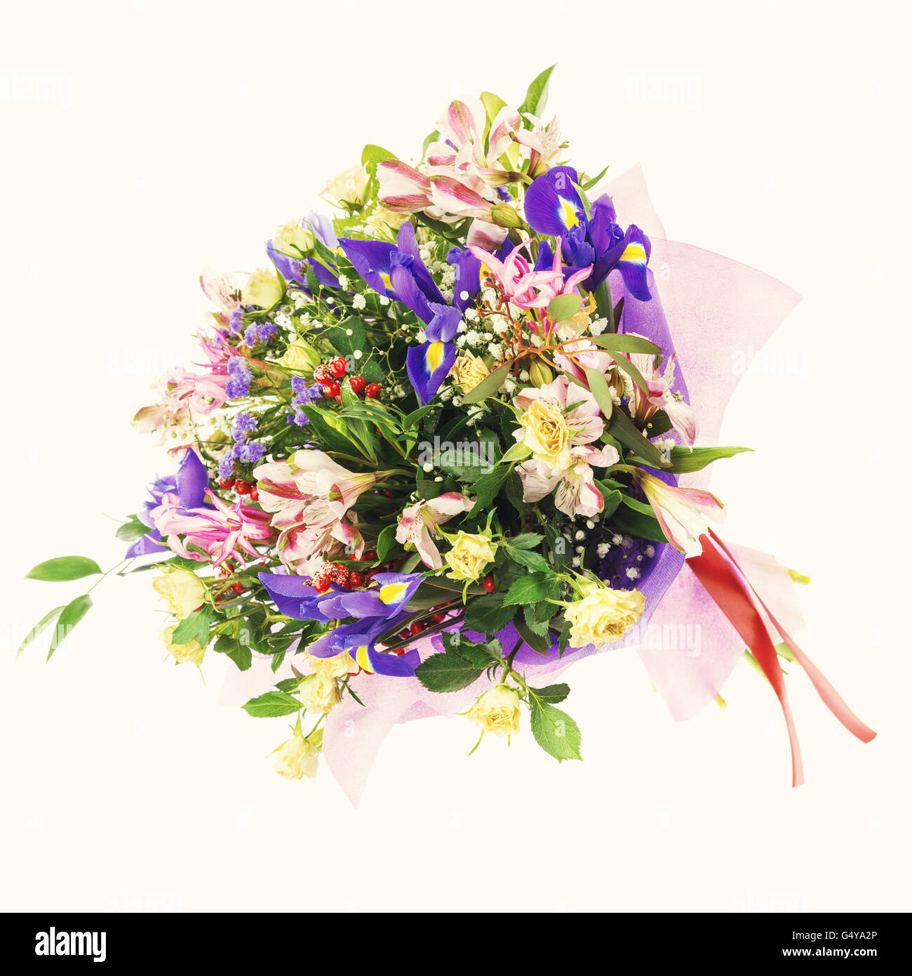 Delicate beautiful bouquet of nerine, iris, alstroemeria, roses and ...