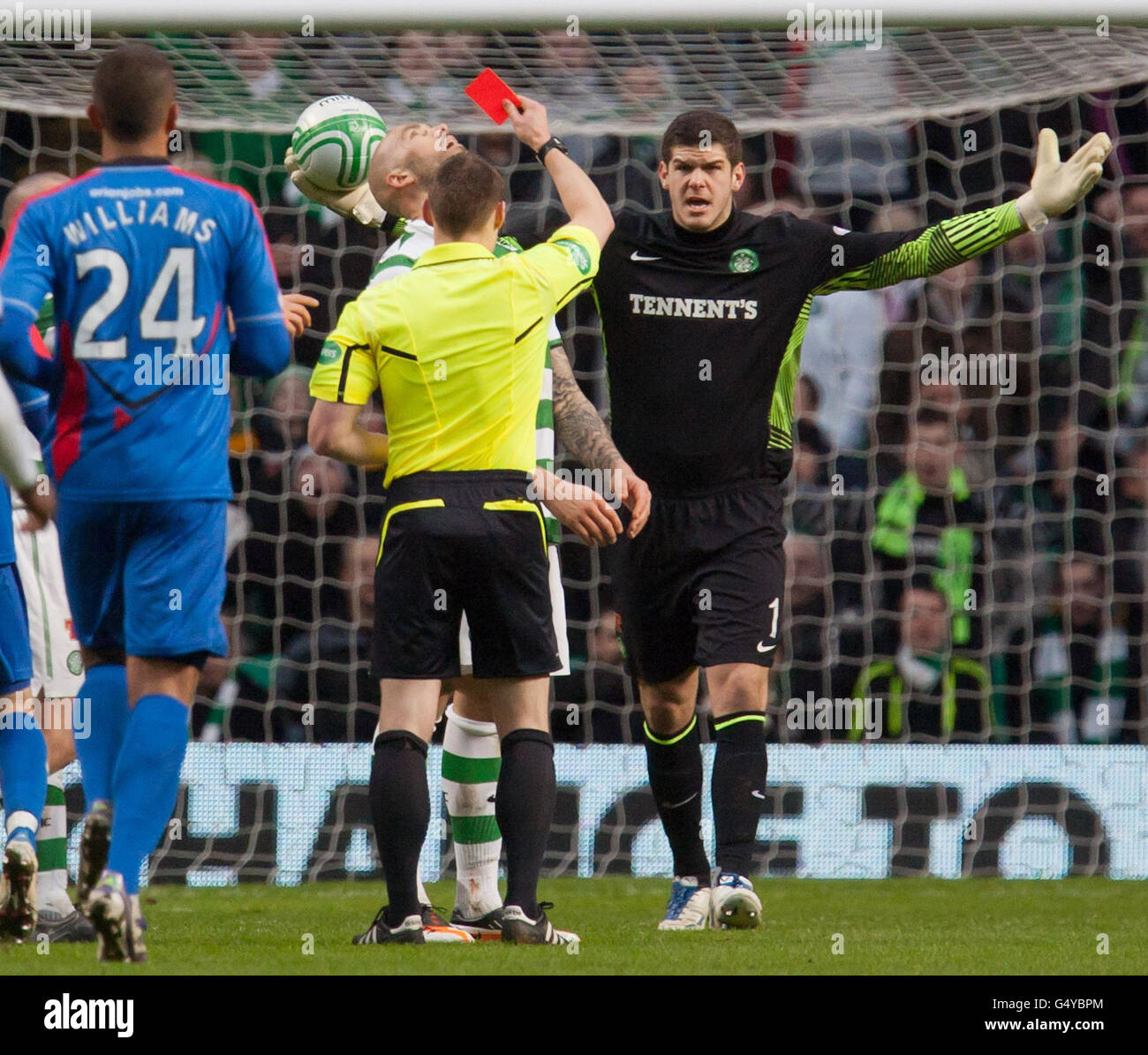 Celtic's goalkeeper Fraser Forster reacts towards referee Stuart McLean ...