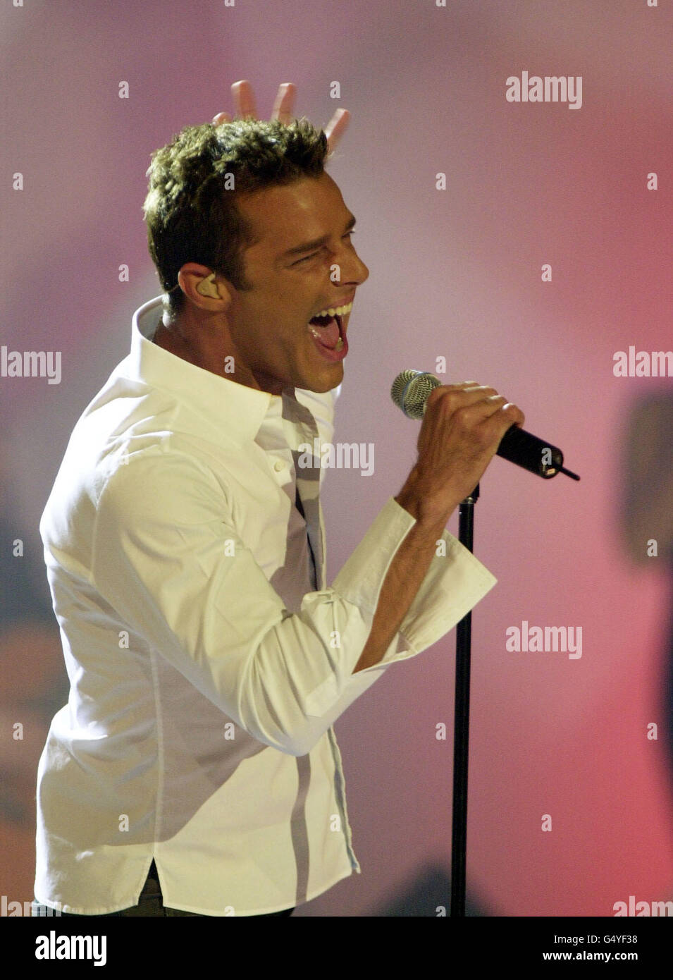 Latin pop singer Ricky Martin performing on stage at the Brit Awards ...