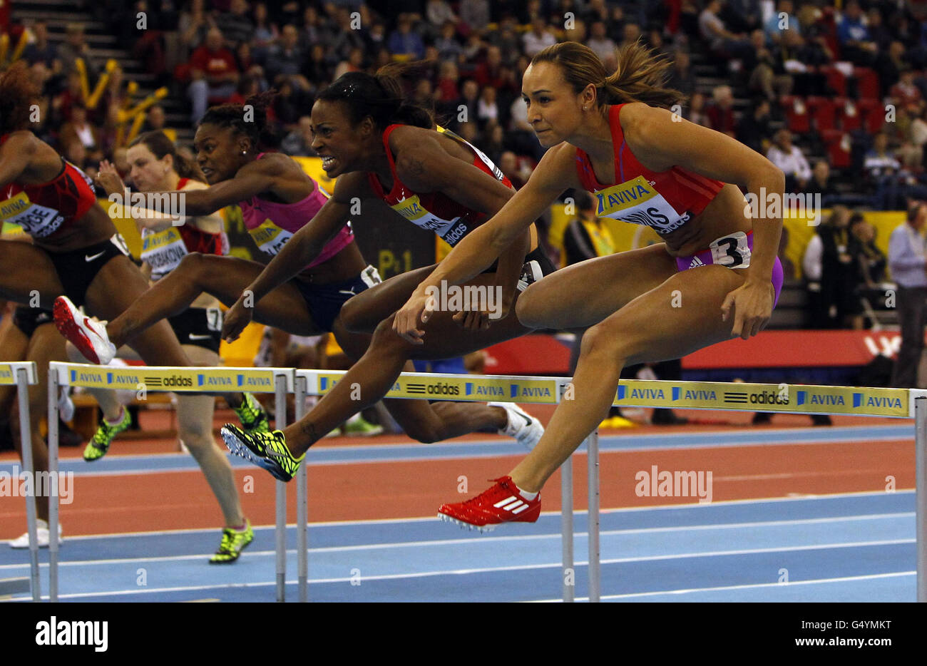 Jessica Ennis clear the final hurdle on her way to winning the women's ...